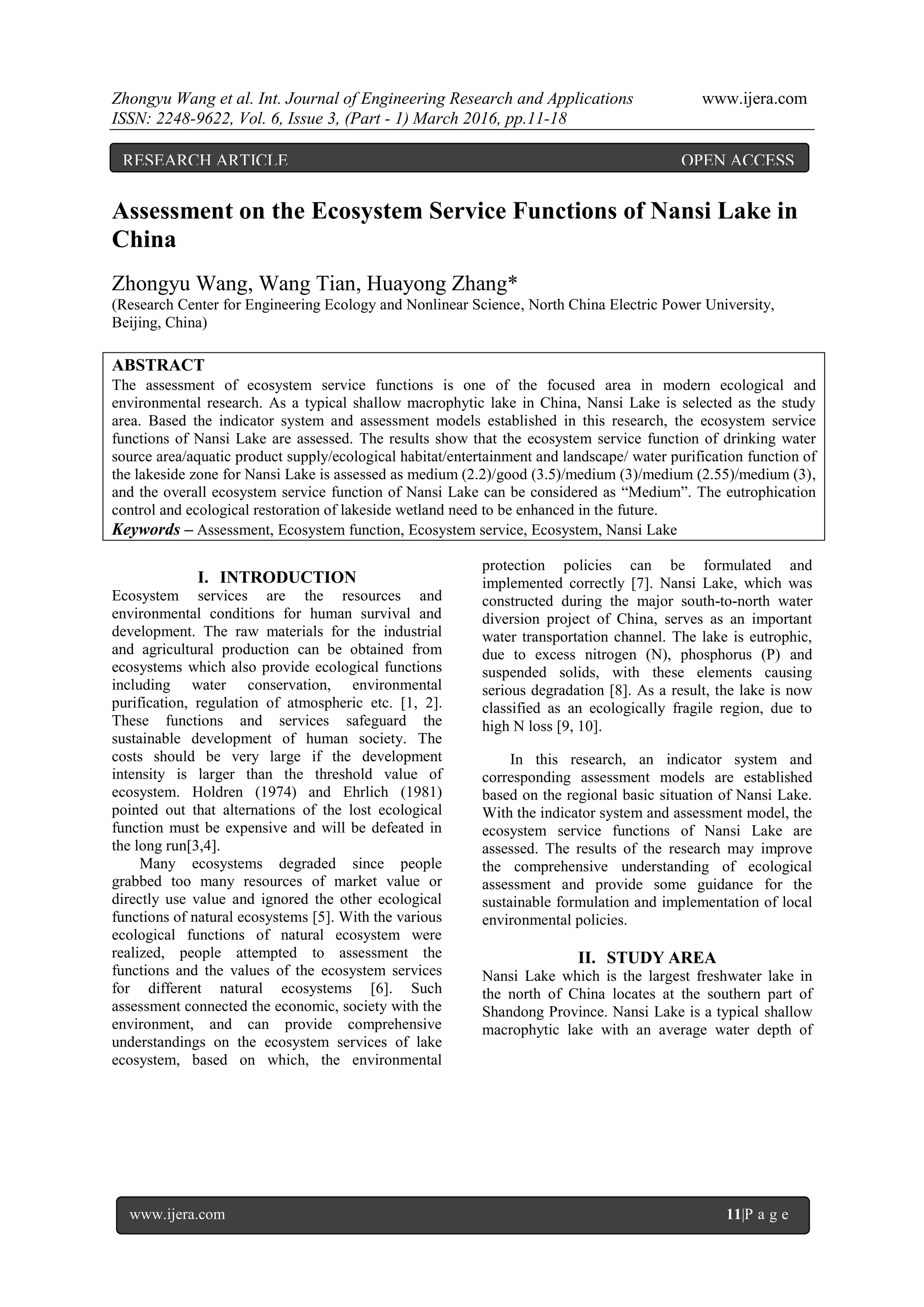Assessment on the Ecosystem Service Functions of Nansi Lake in China | PDF