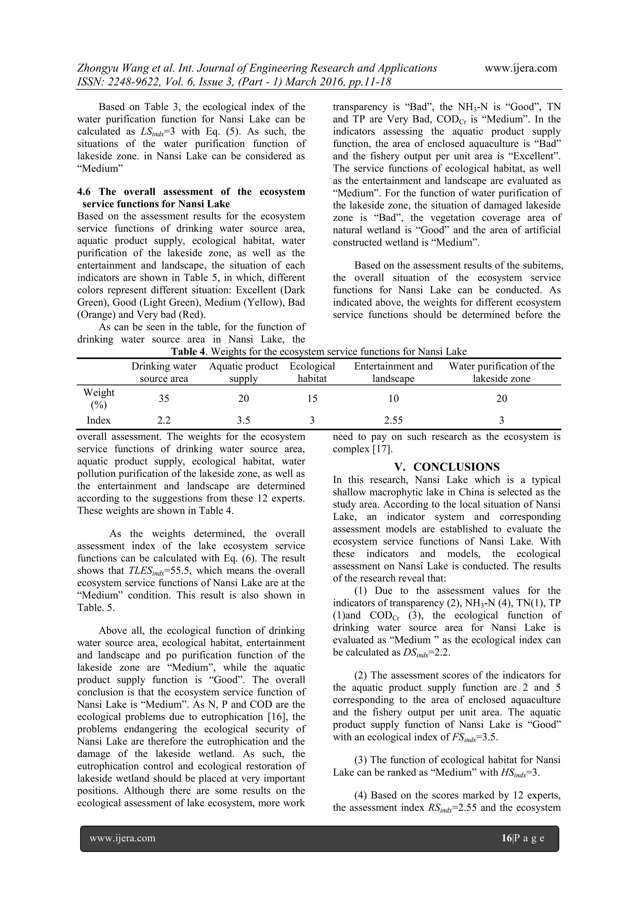 Assessment on the Ecosystem Service Functions of Nansi Lake in China | PDF