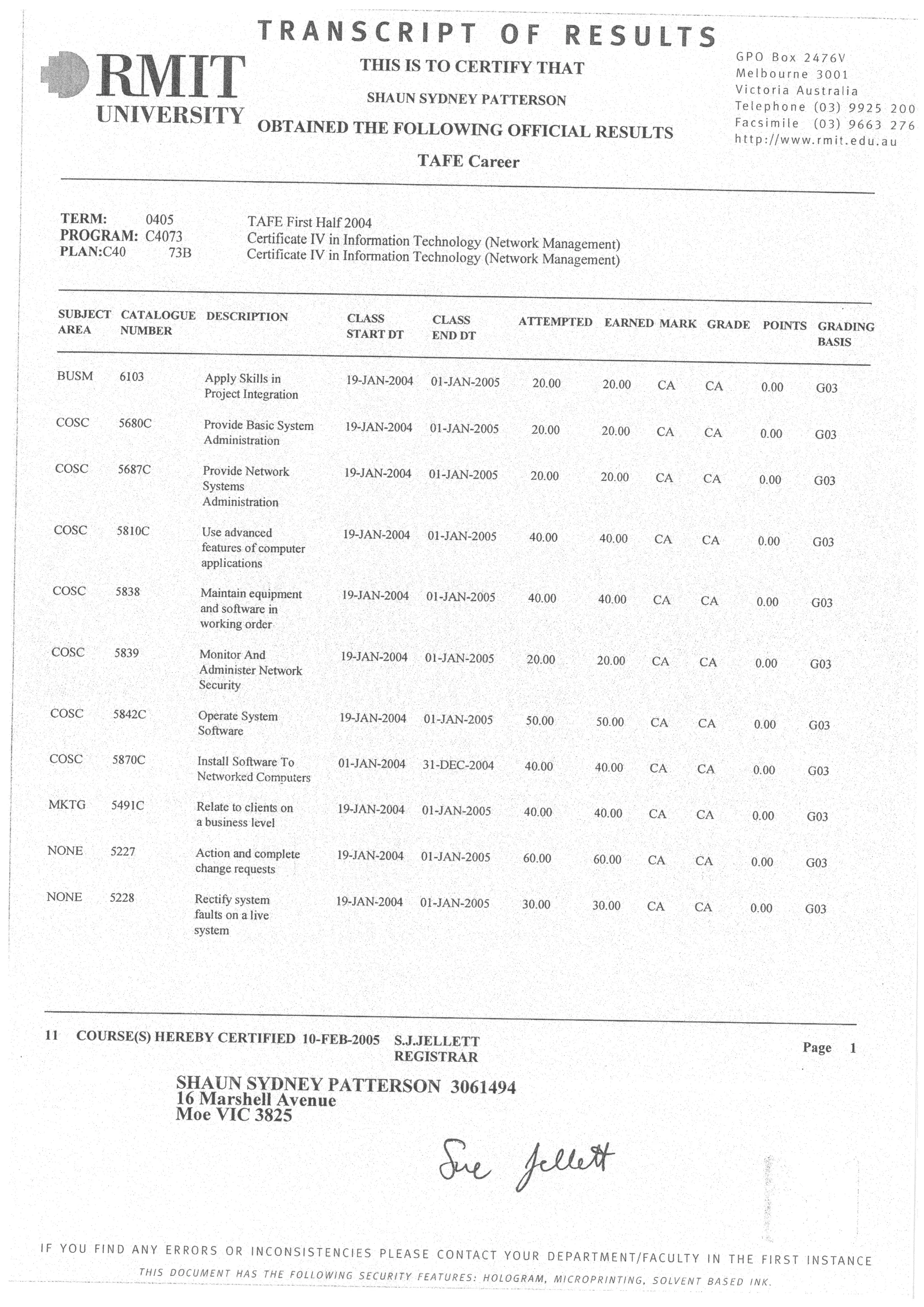 RMIT CERT IV Transcript 2 | PDF