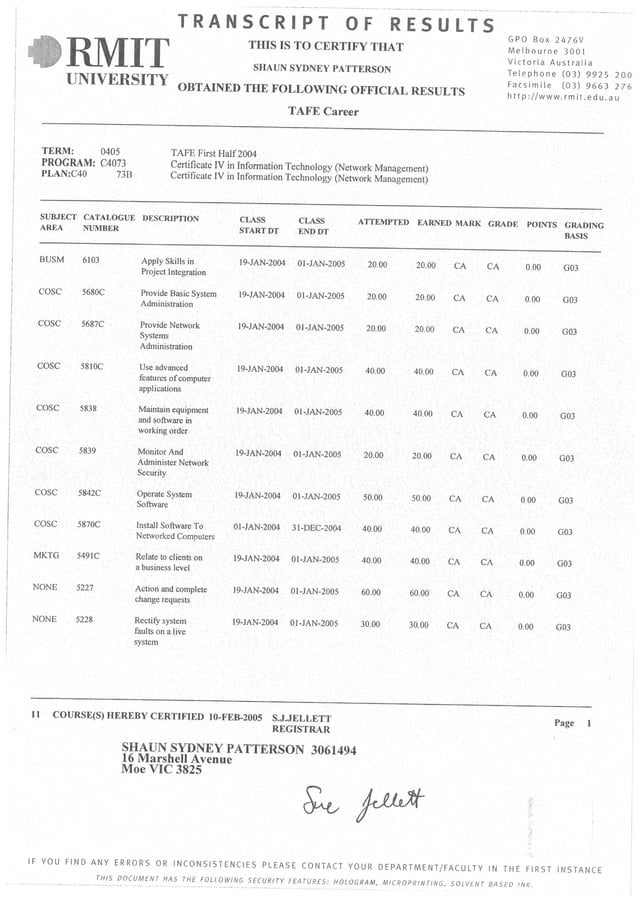 RMIT CERT IV Transcript 2 | PDF
