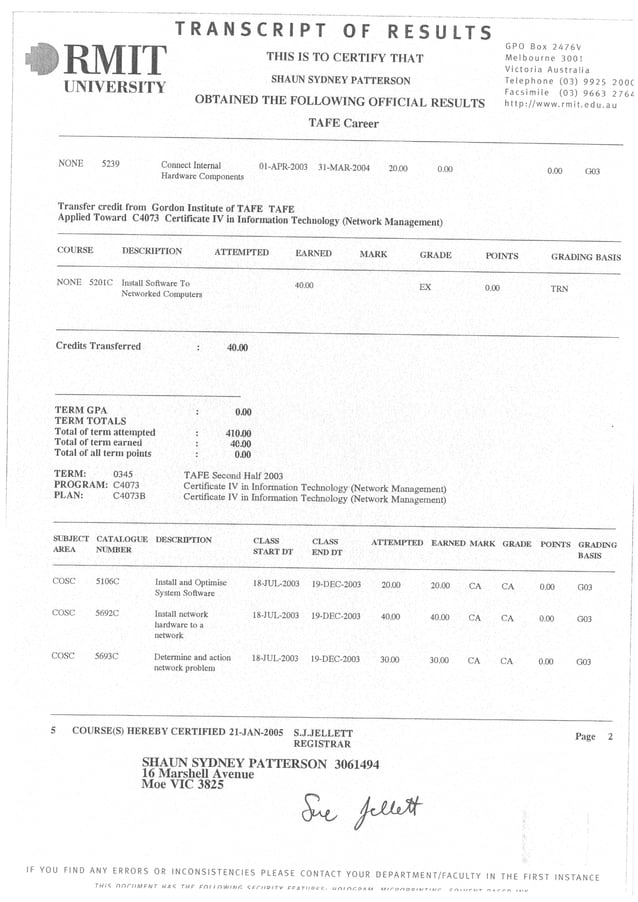 RMIT CERT IV Transcript 2 | PDF