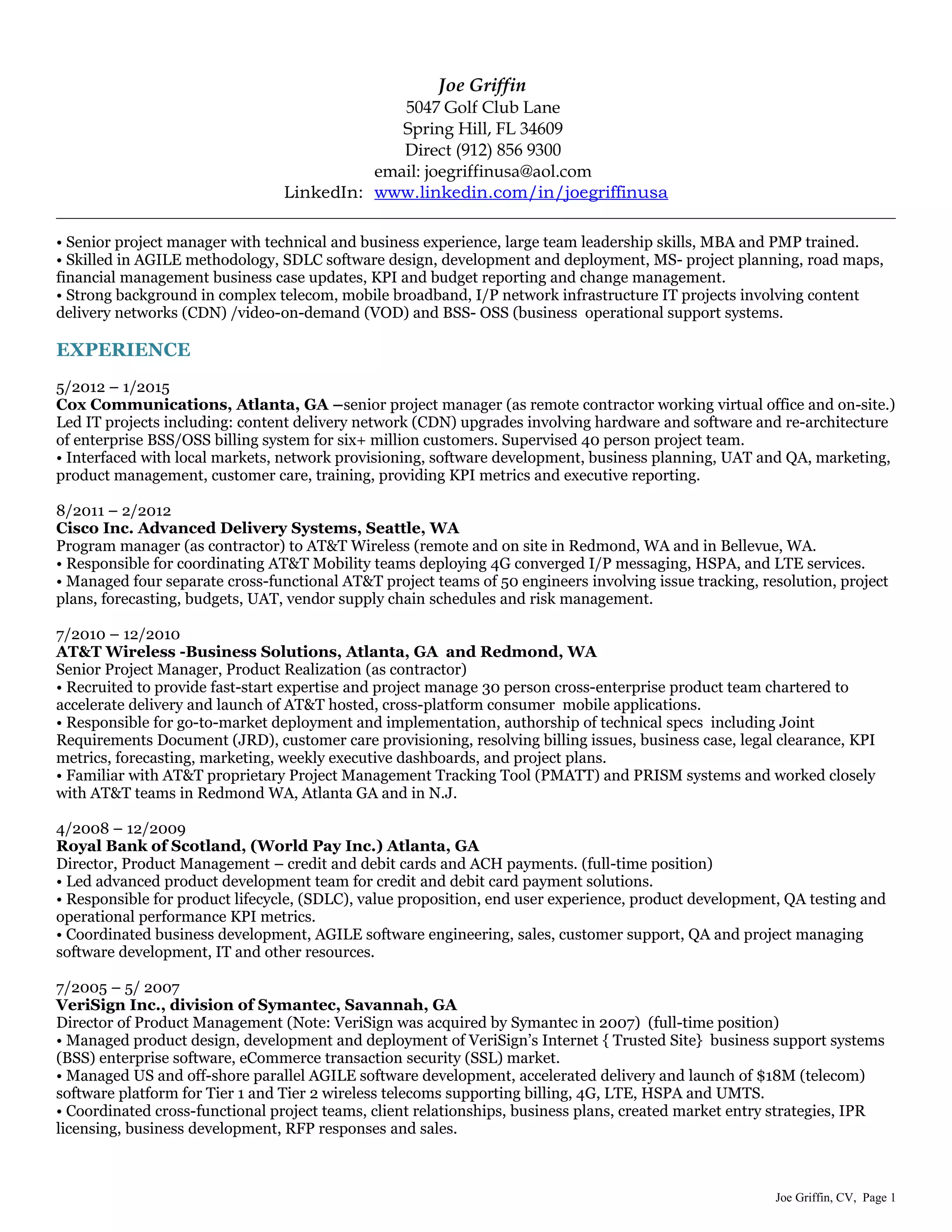 CV-Griffin,Joe, FL 2H-2016) | DOC | Business Banking & Finance | Business