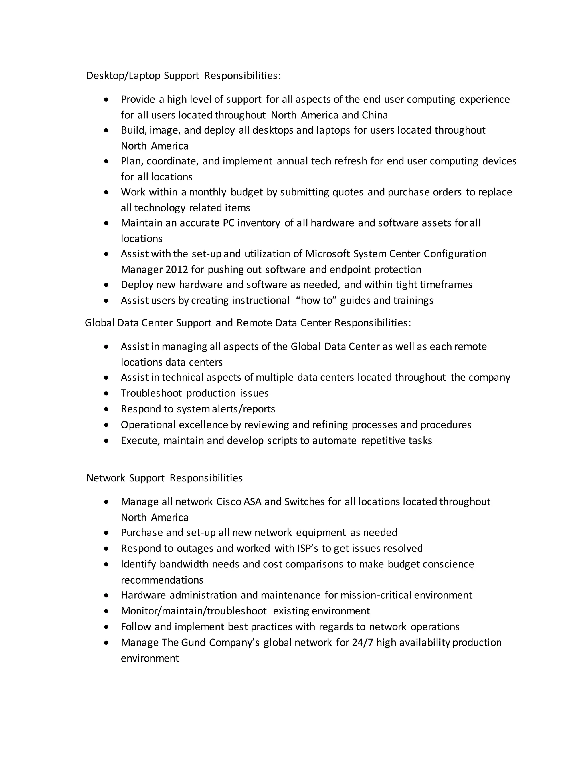 Desktop, Network, and Data Center Support Responsibilities | PDF
