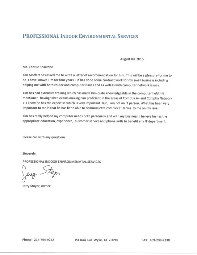 Tim Moffatt letter of recommendation (1) | PDF