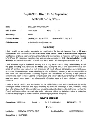 Sat/Air/3.1 U Diver, Tr. Air Supervisor, NEBOSH Safety Officer | DOCX