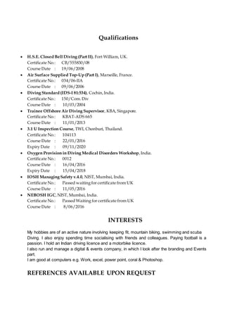 Sat/Air/3.1 U Diver, Tr. Air Supervisor, NEBOSH Safety Officer | DOCX