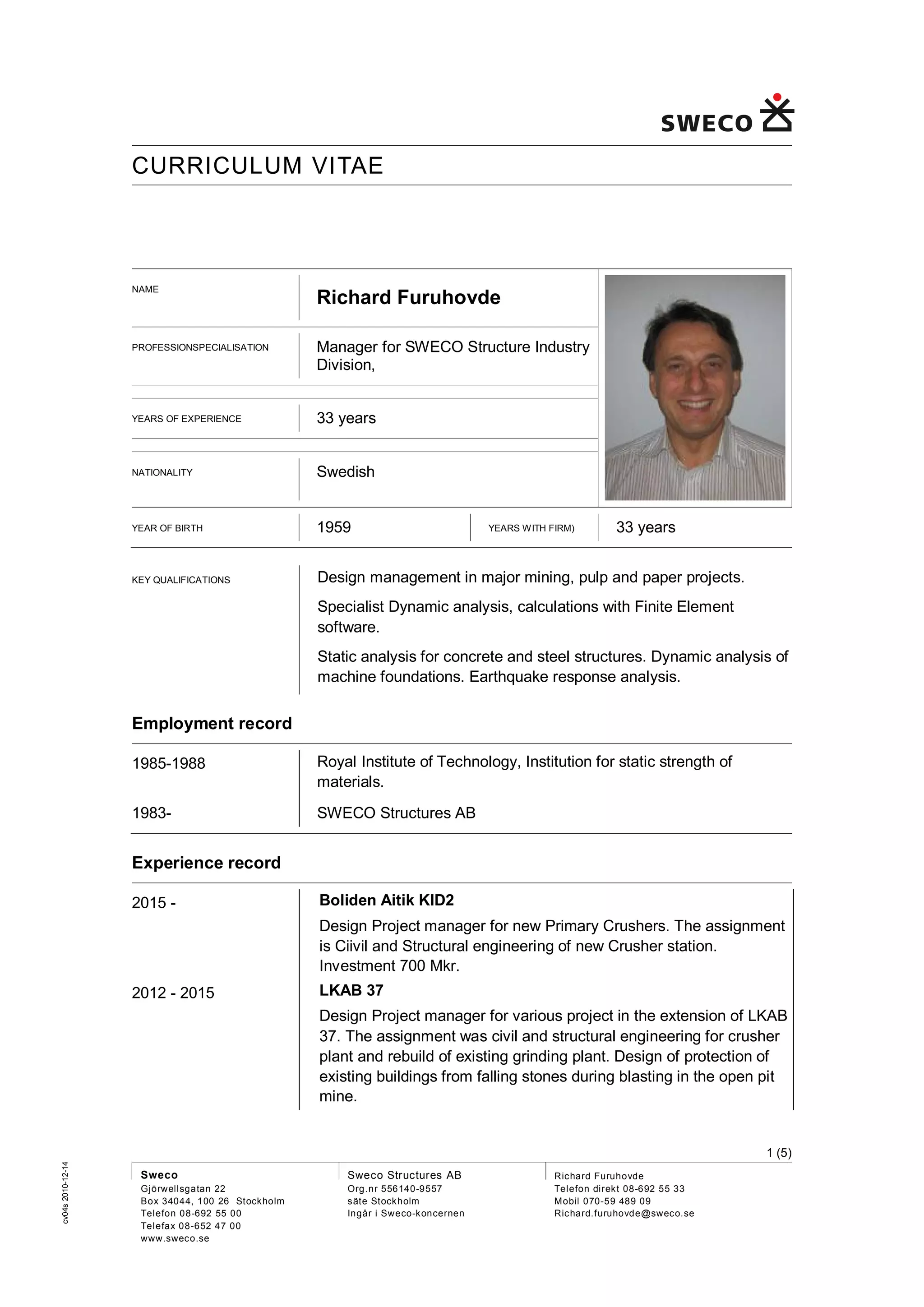 CV Richard Furuhovde | PDF