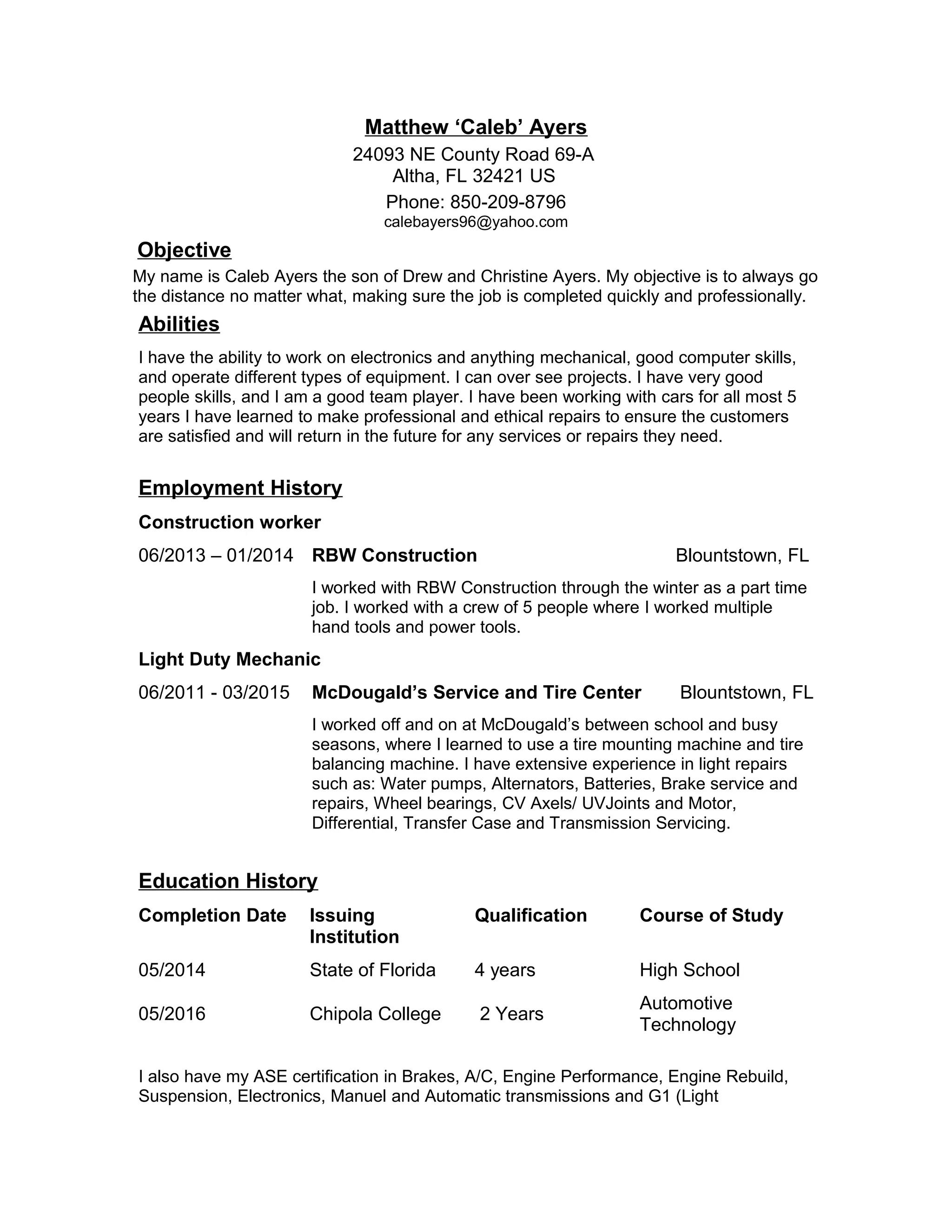 Matthew Caleb Ayers Resume | DOC