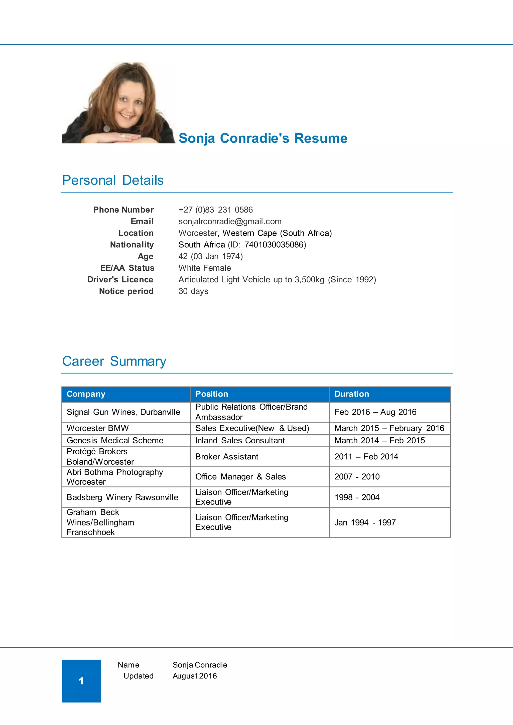 SONJA CONRADIE RESUME 2016 | DOCX