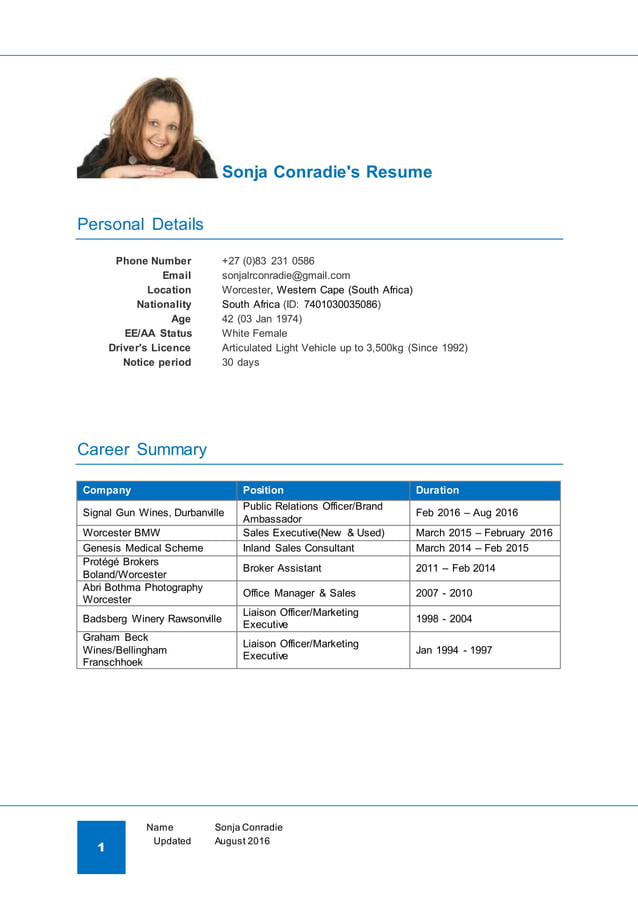 SONJA CONRADIE RESUME 2016 | DOCX