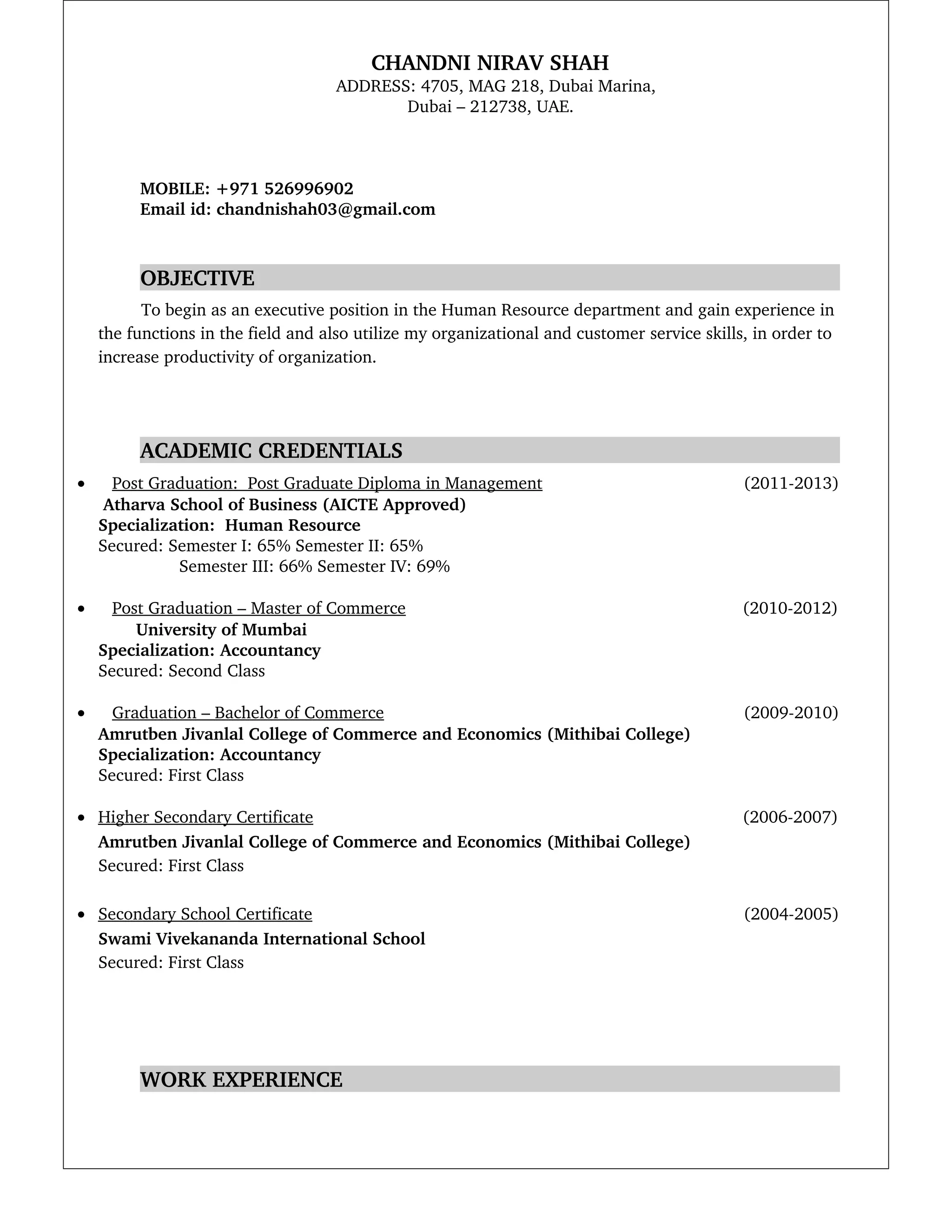Chandni Shah CV | DOC | Human Resources | Business