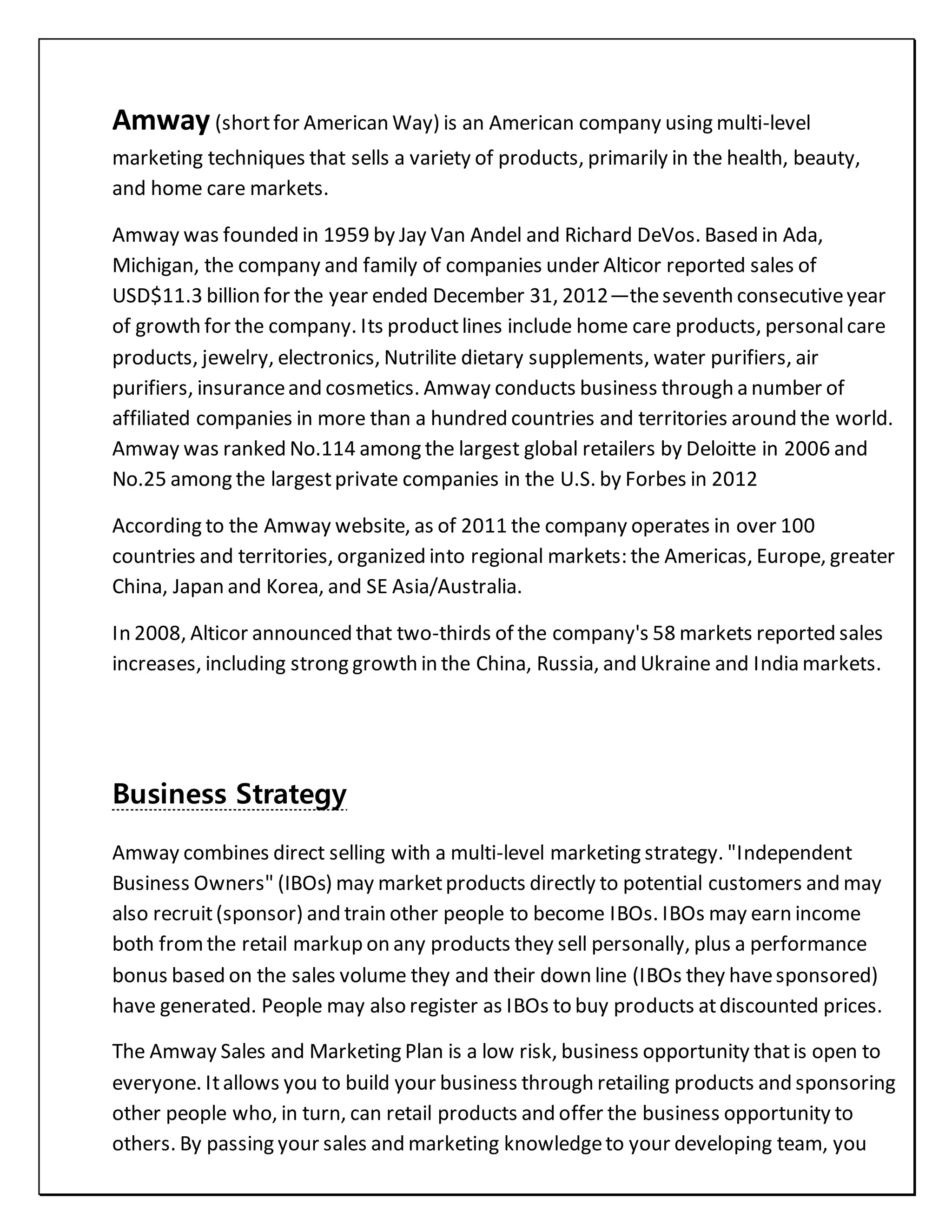 ORGANISATIONAL STUDY ON AMWAY INDIA | DOCX