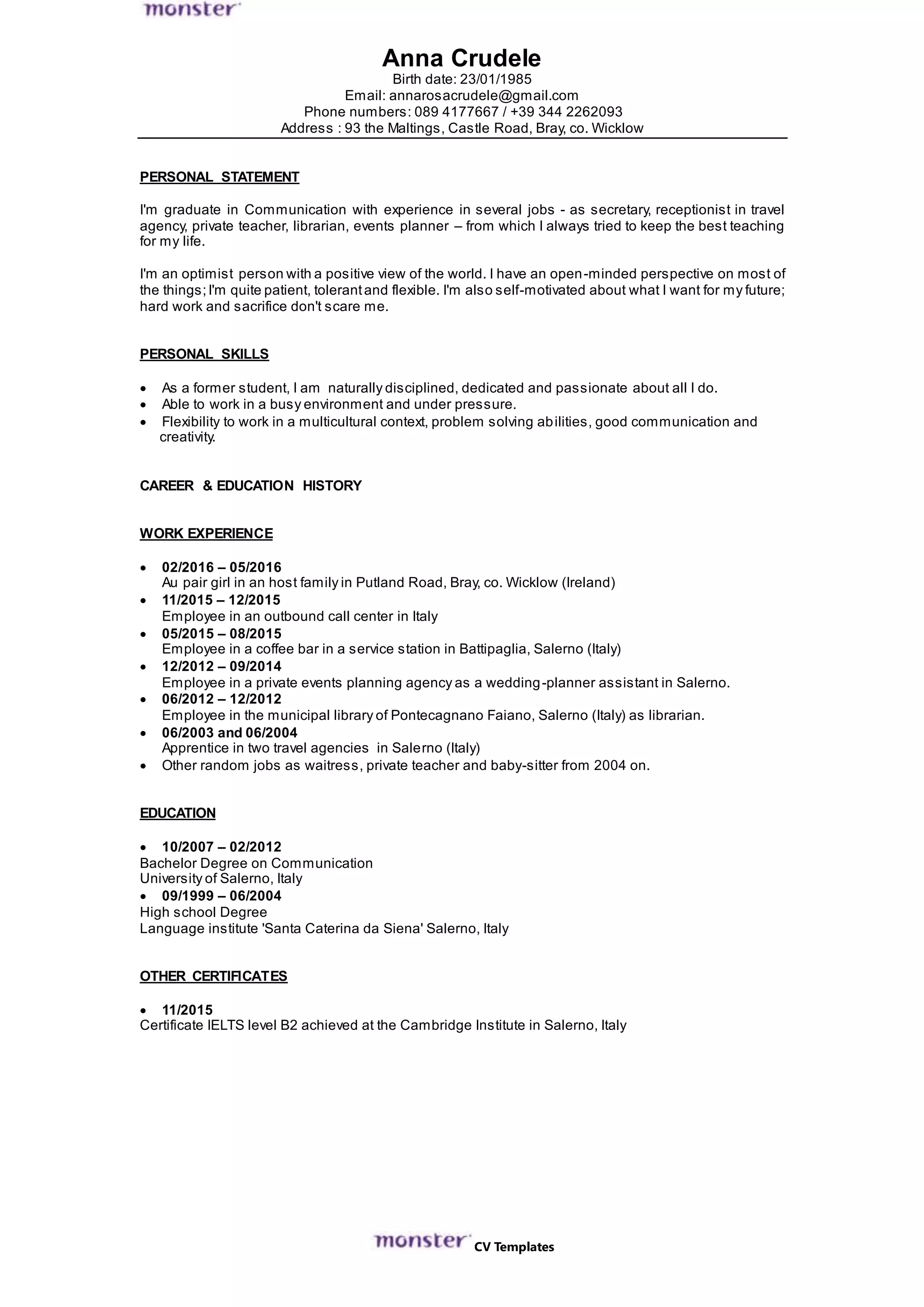 Anna Crudele CV | DOCX | Education