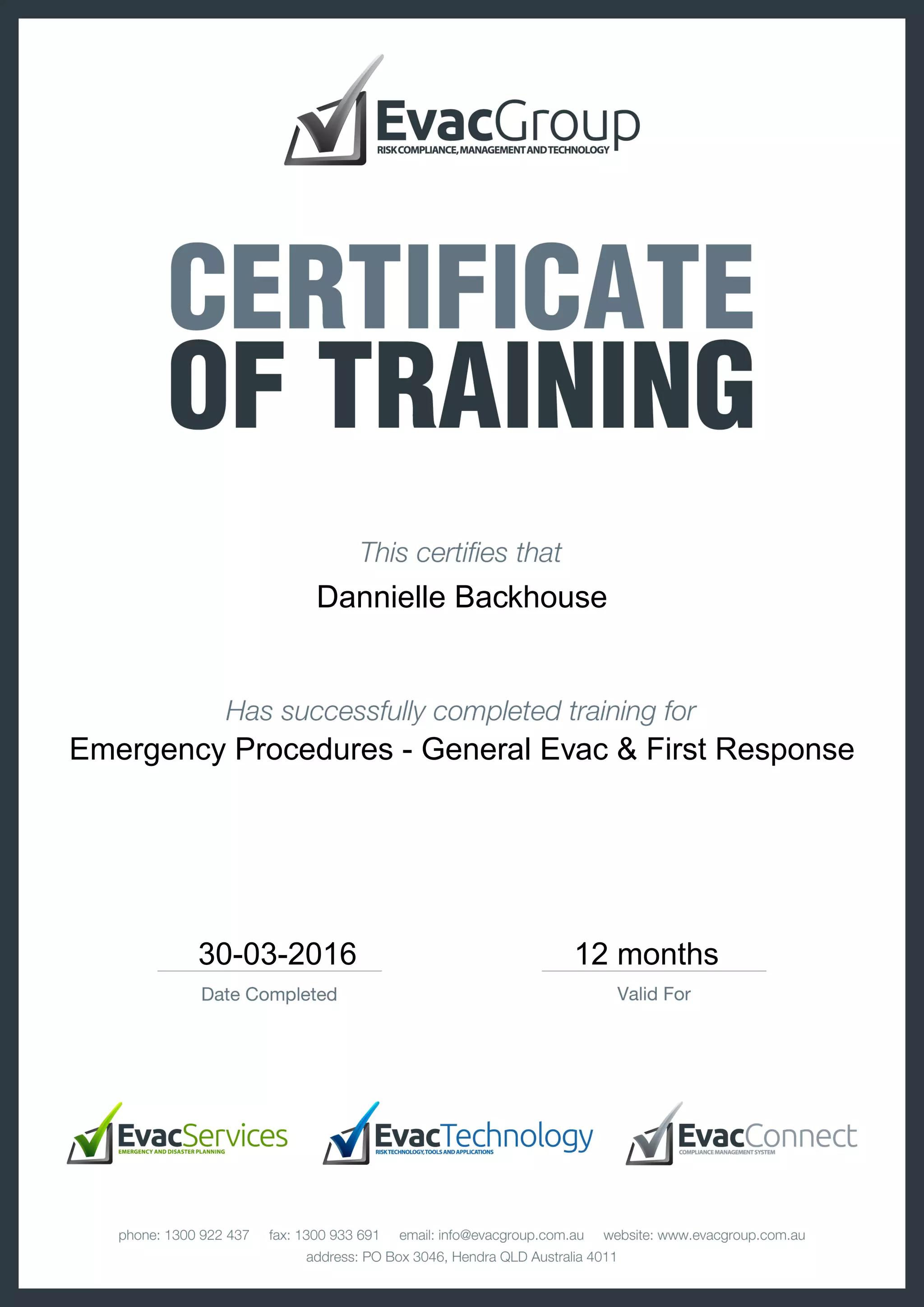Certificate of Training - Emergency Procedures - General Evac & First ...