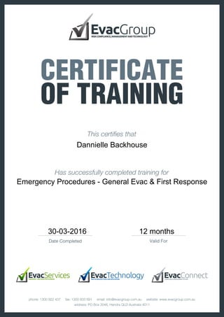 Certificate of Training - Emergency Procedures - General Evac & First ...