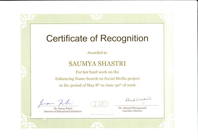 Saumya- QCRI Internship Cerificate | PDF