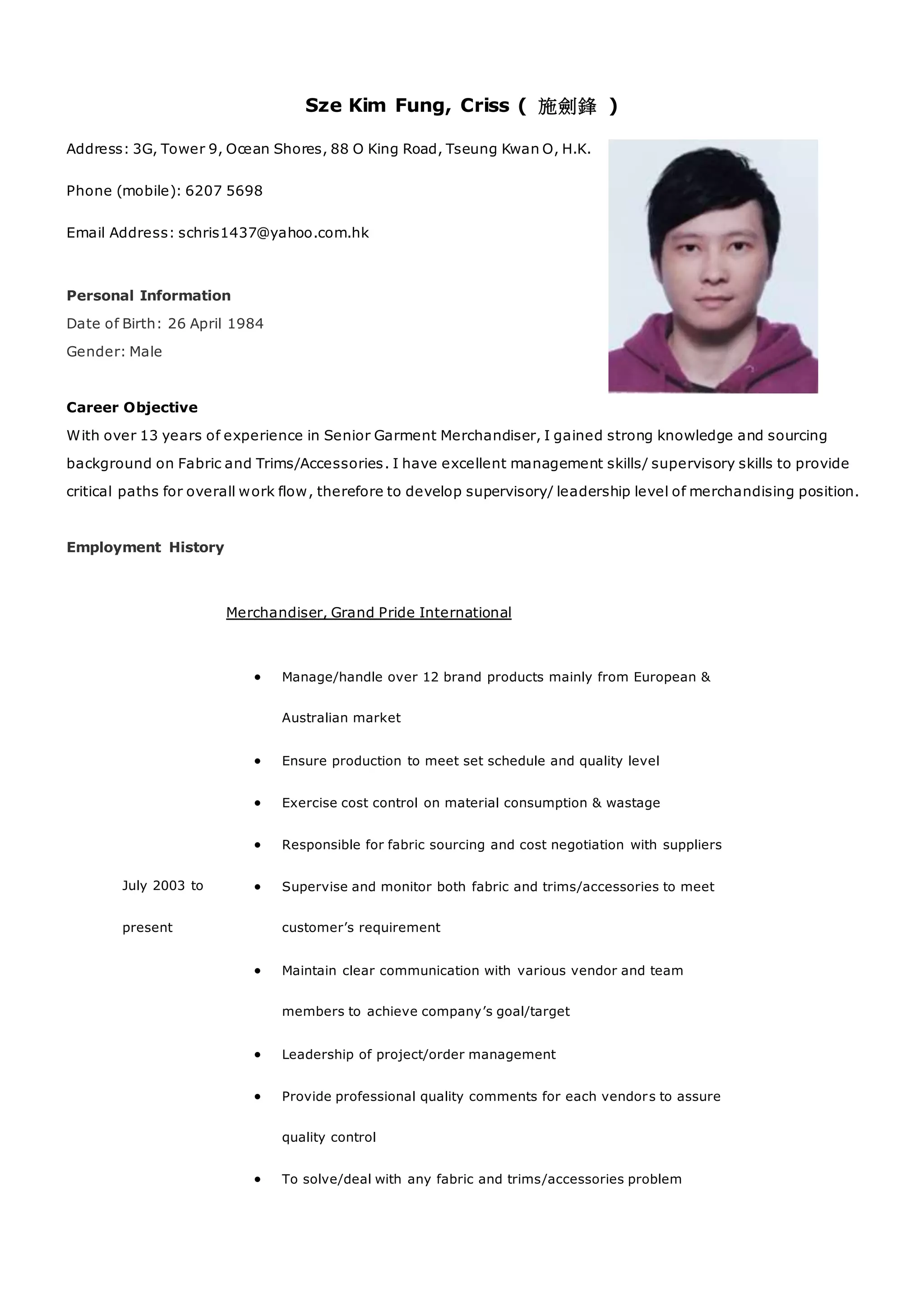 Sze Kim Fung, Criss's Curriculum Vitae | DOCX