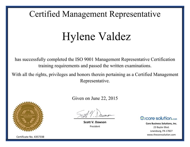 Management Representative Certificate | PDF