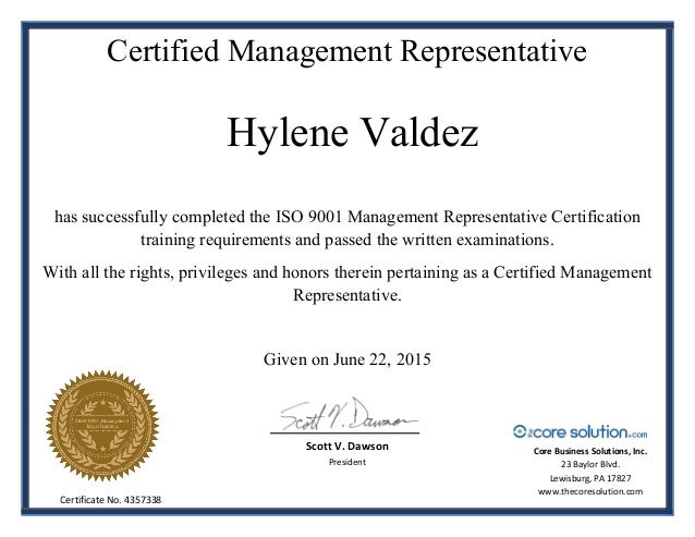 Management Representative Certificate