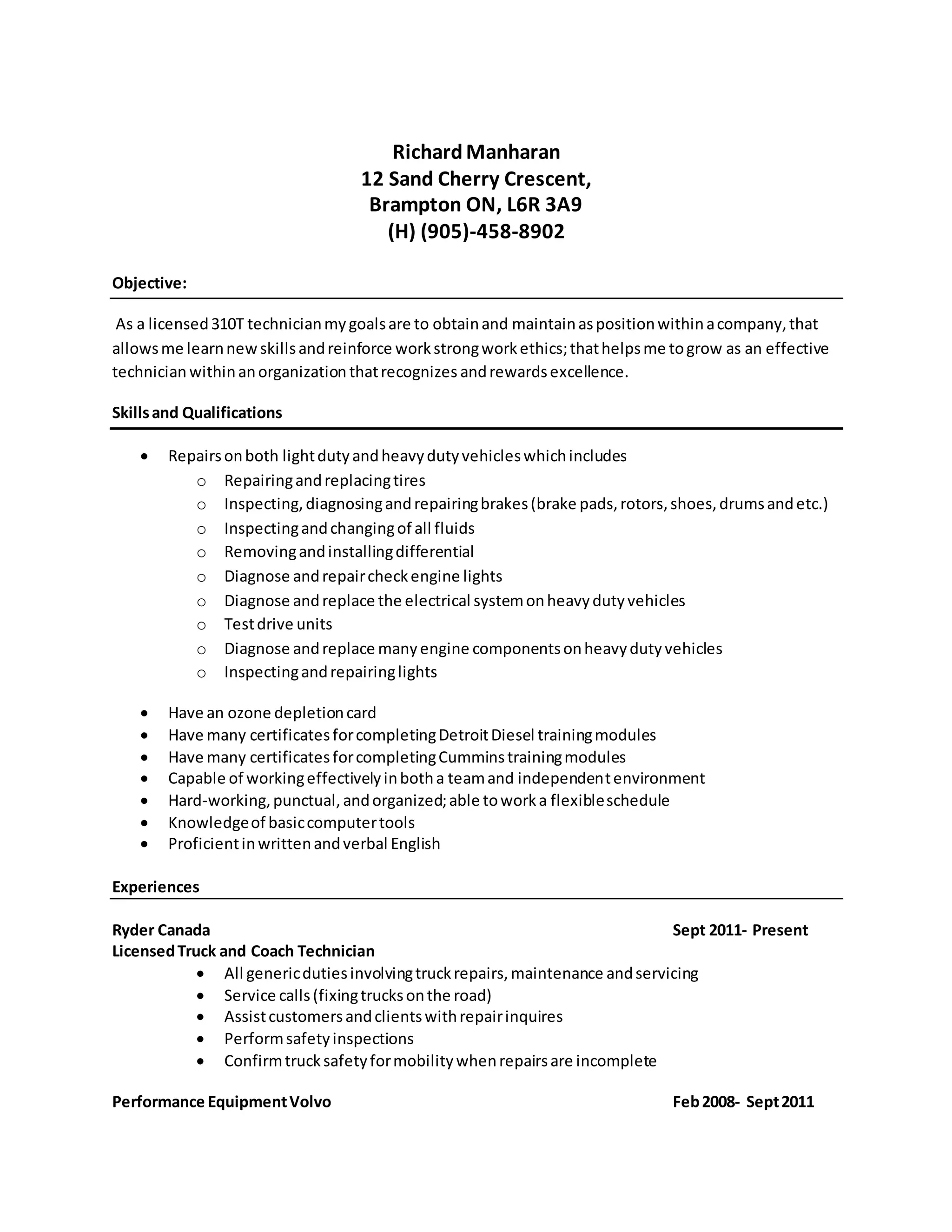 Richards Resume | DOCX | Auto Repair | Automotive