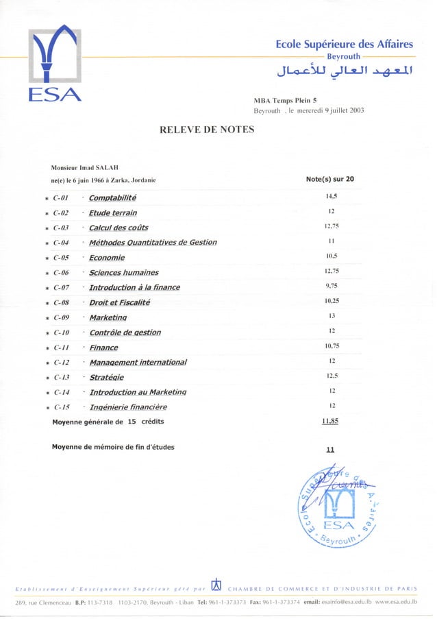RELEVE DE NOTES_ESA_MBA | PDF