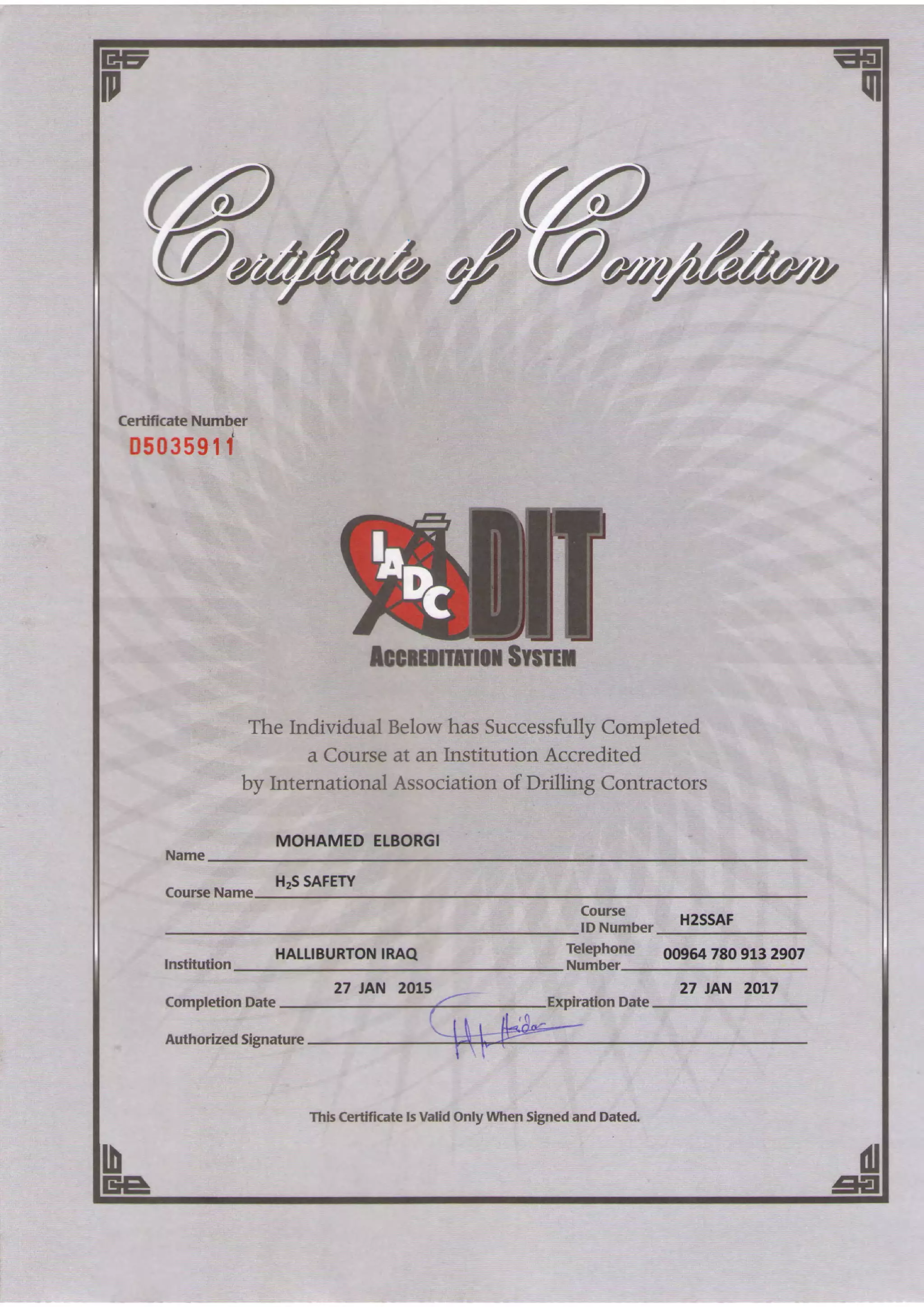 IADC-H2S safety Certificate | PDF