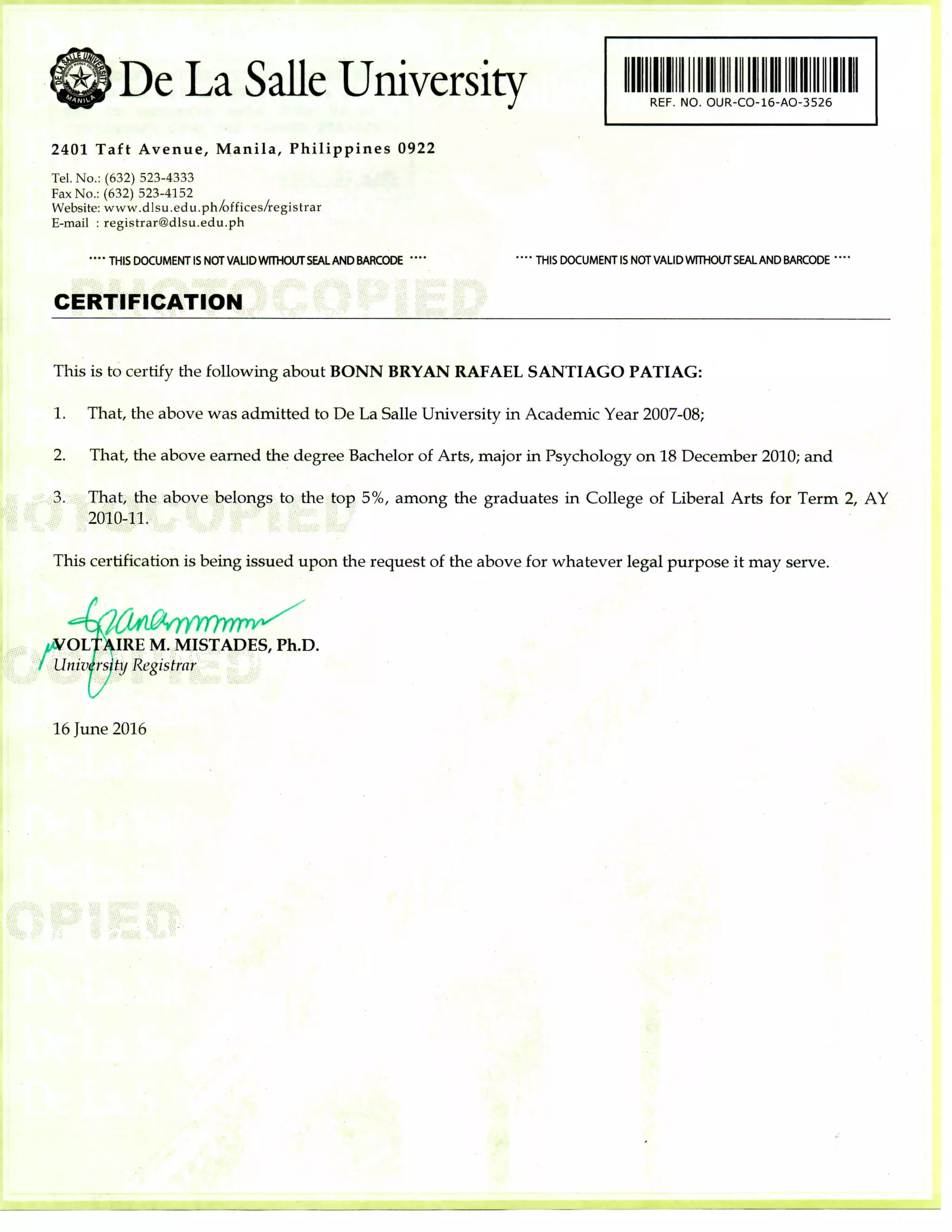 Certificate DLSU Top 10 College 2016 | PDF