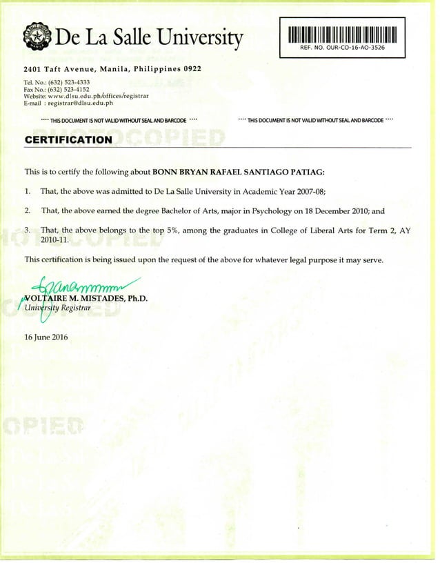 Certificate DLSU Top 10 College 2016 | PDF