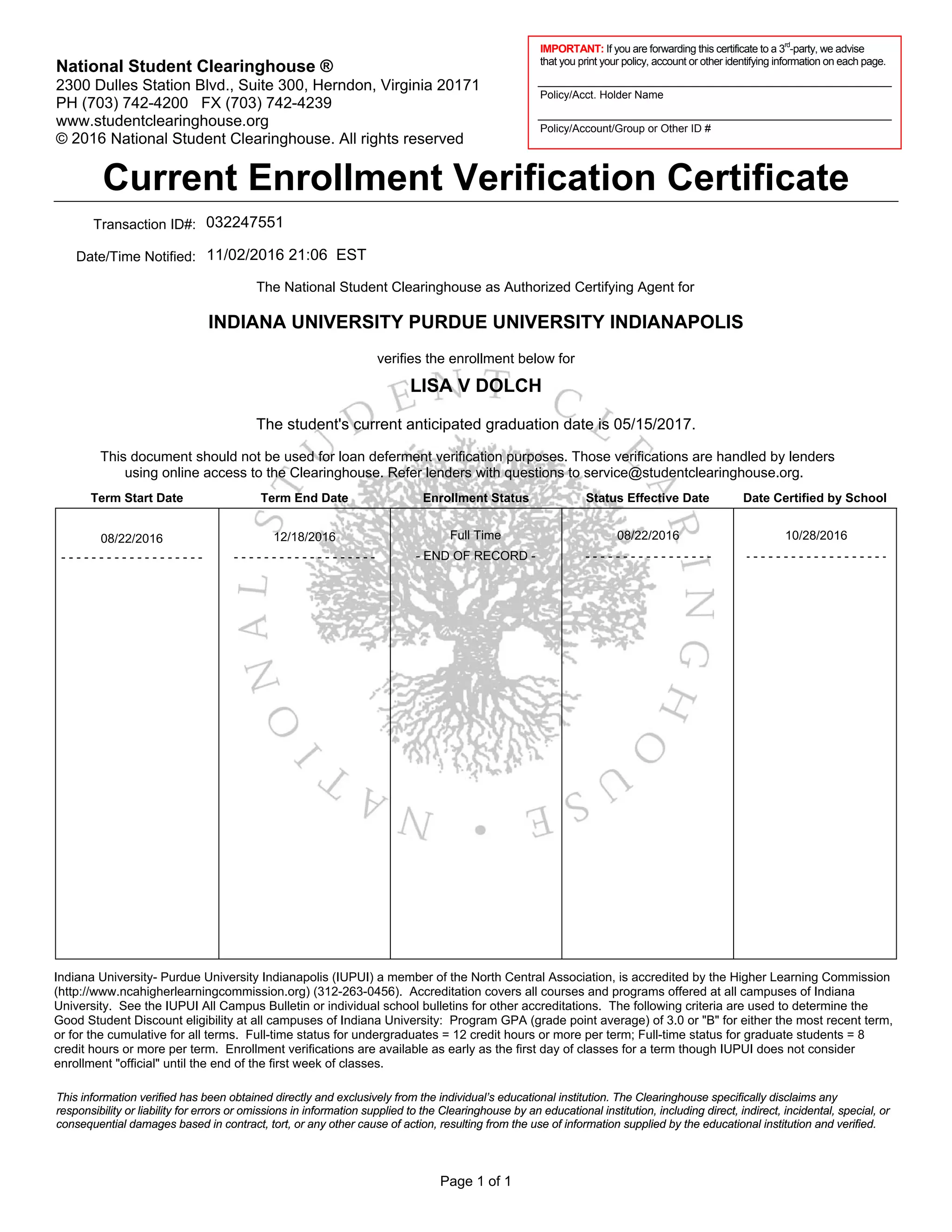 Lisa Dolch_Enrollment Certificate IUPUI | PDF