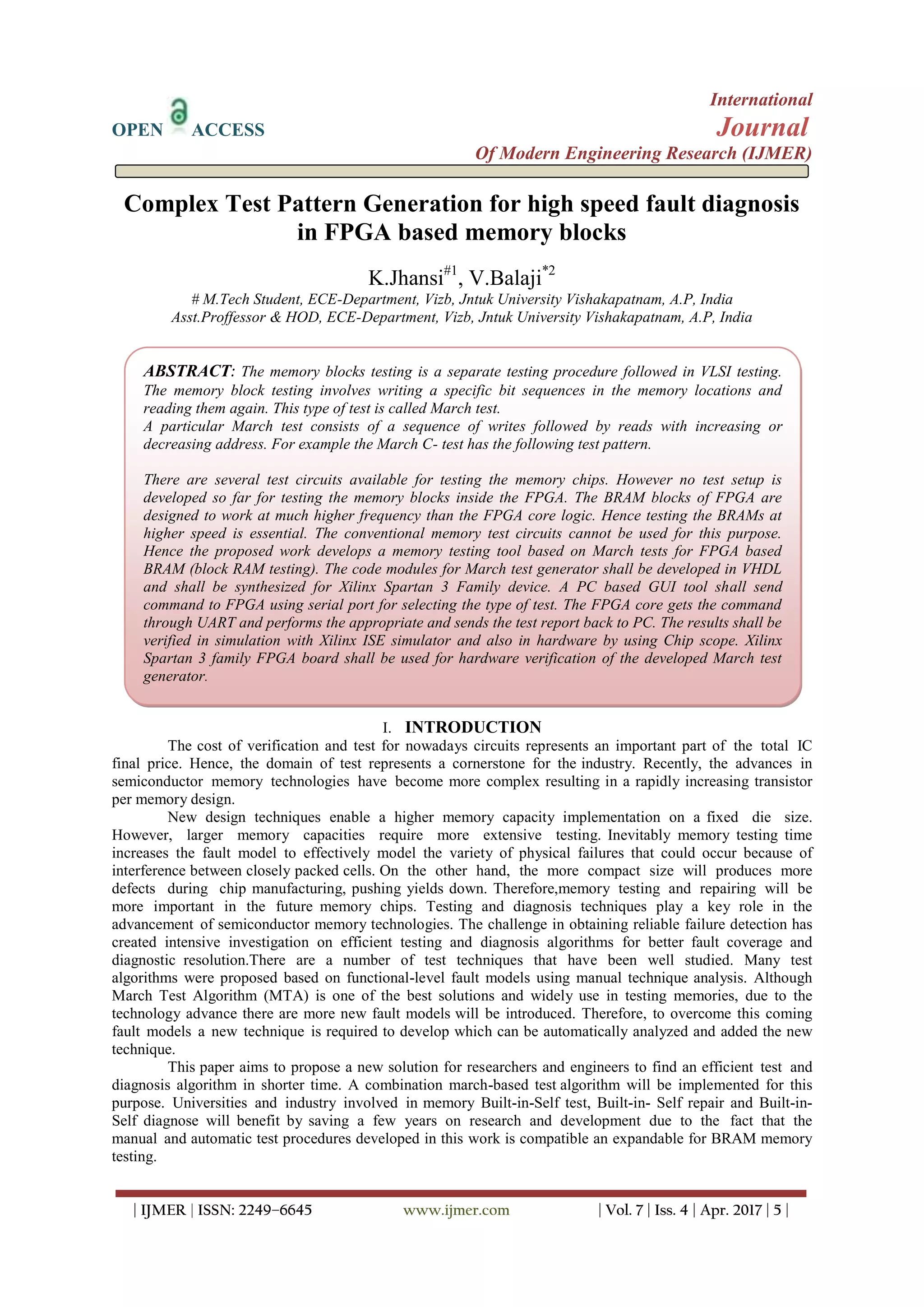 Complex Test Pattern Generation For High Speed Fault Diagnosis In Fpga Based Memory Blocks Pdf 