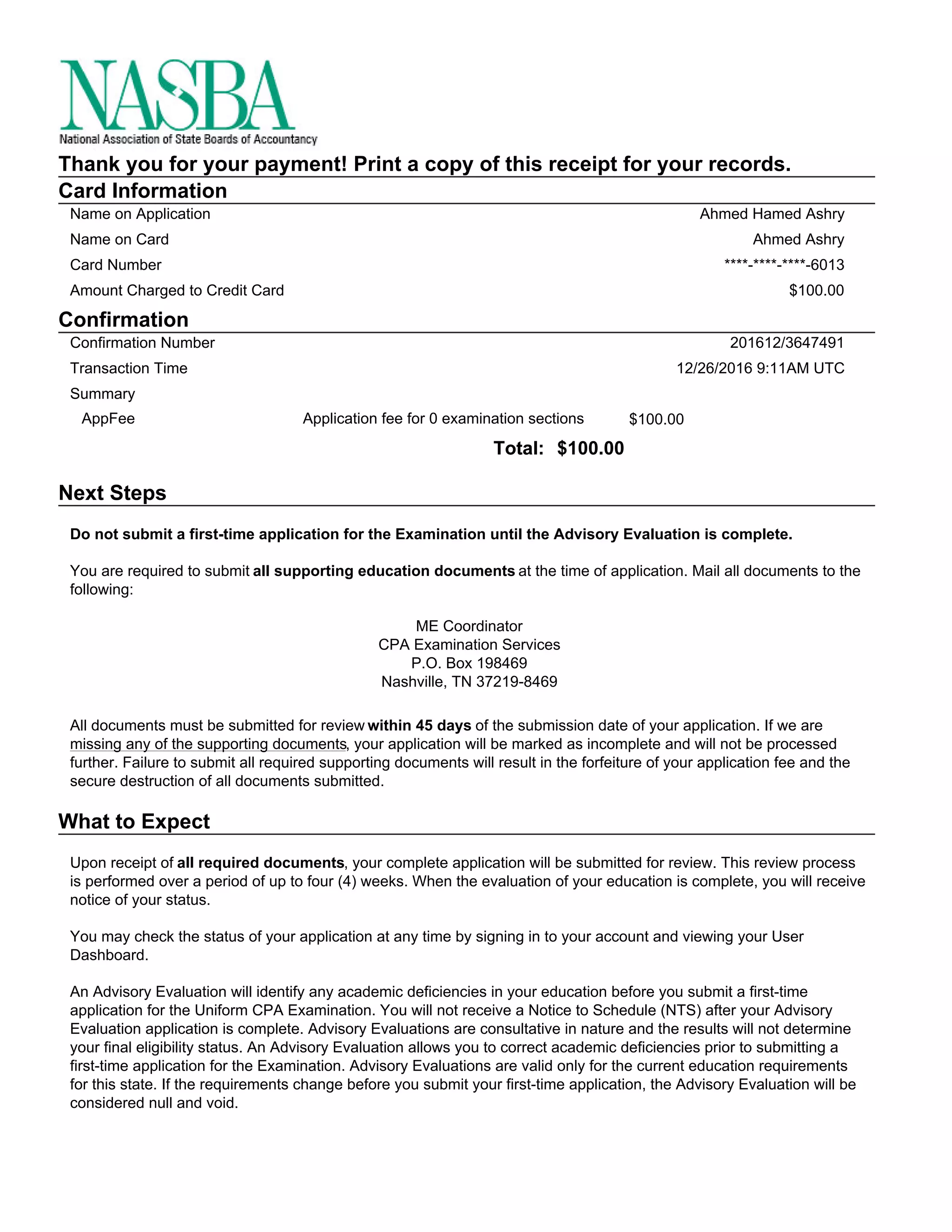 Application for Exam Receipt from NASBA National Association of State ...