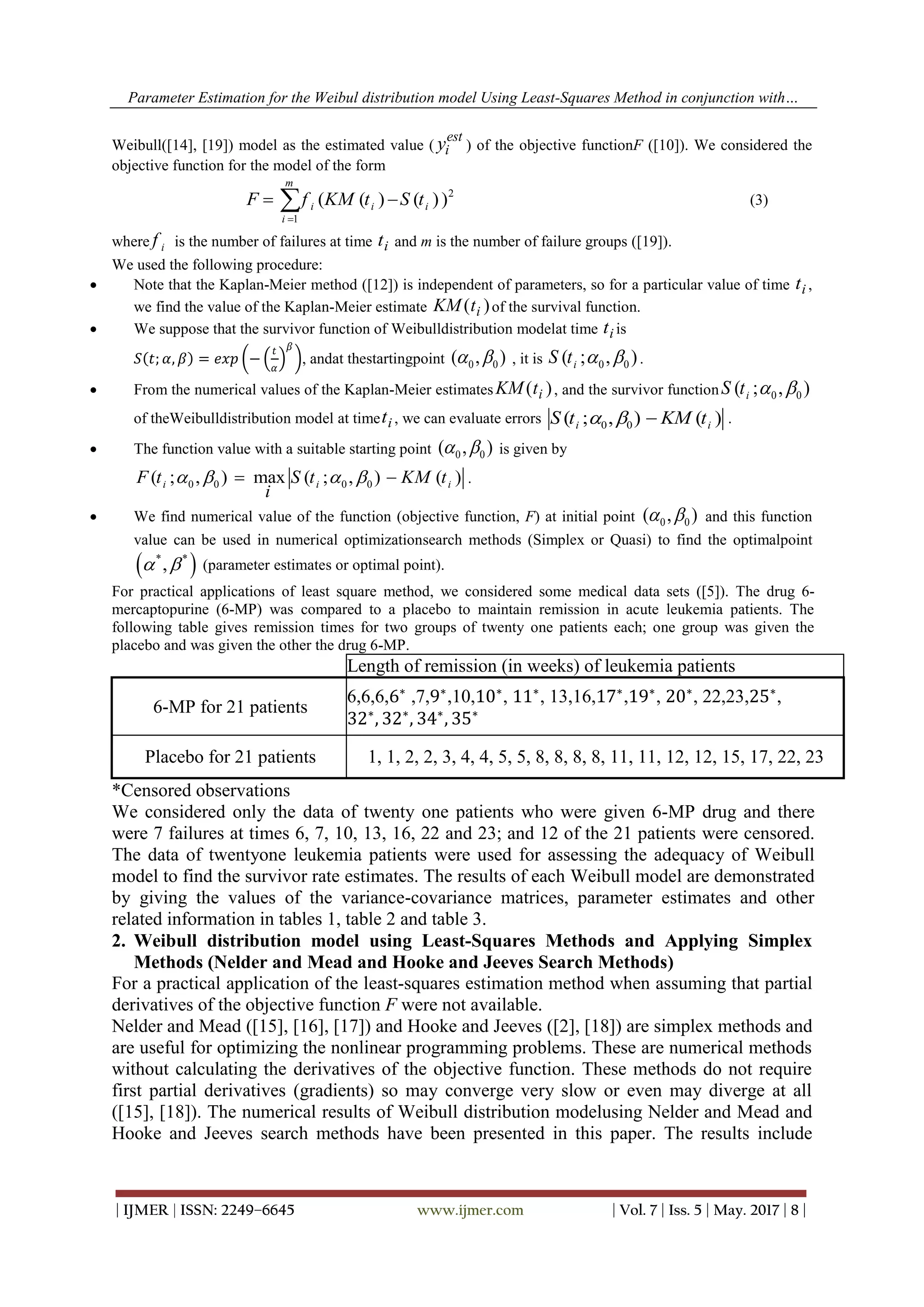 Parameter Estimation for the Weibul distribution model Using Least-Squares Methodin conjunction ...