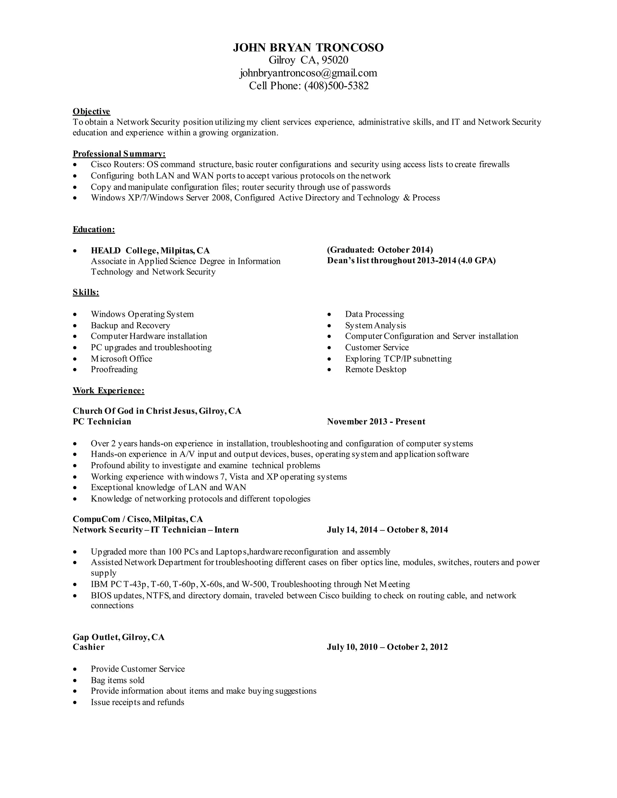 Resume of John Bryan Troncoso FINAL | DOCX | Computer Networking | Computing