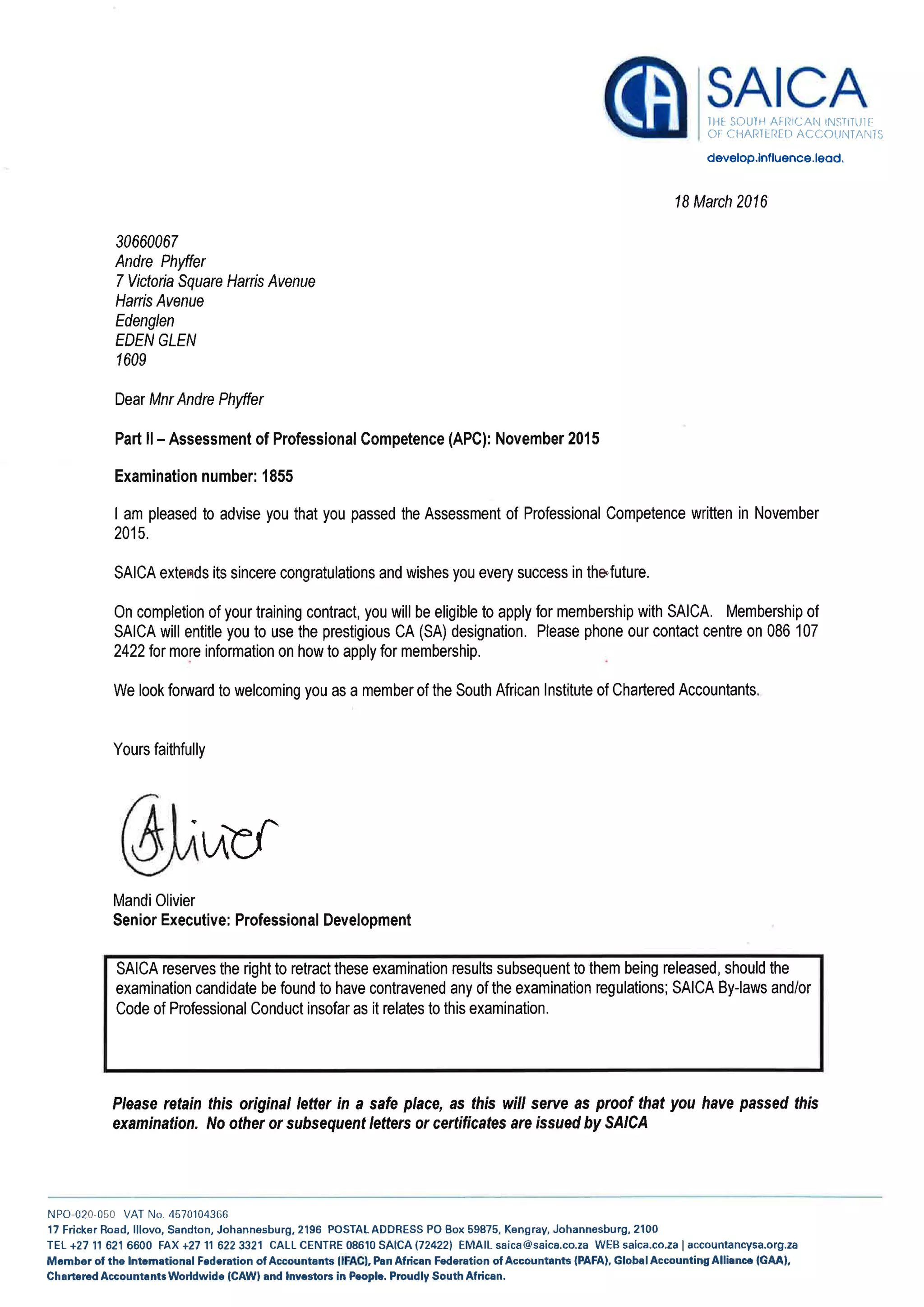 SAICA APC Results Letter PDF SAICA APC Results Letter PDF