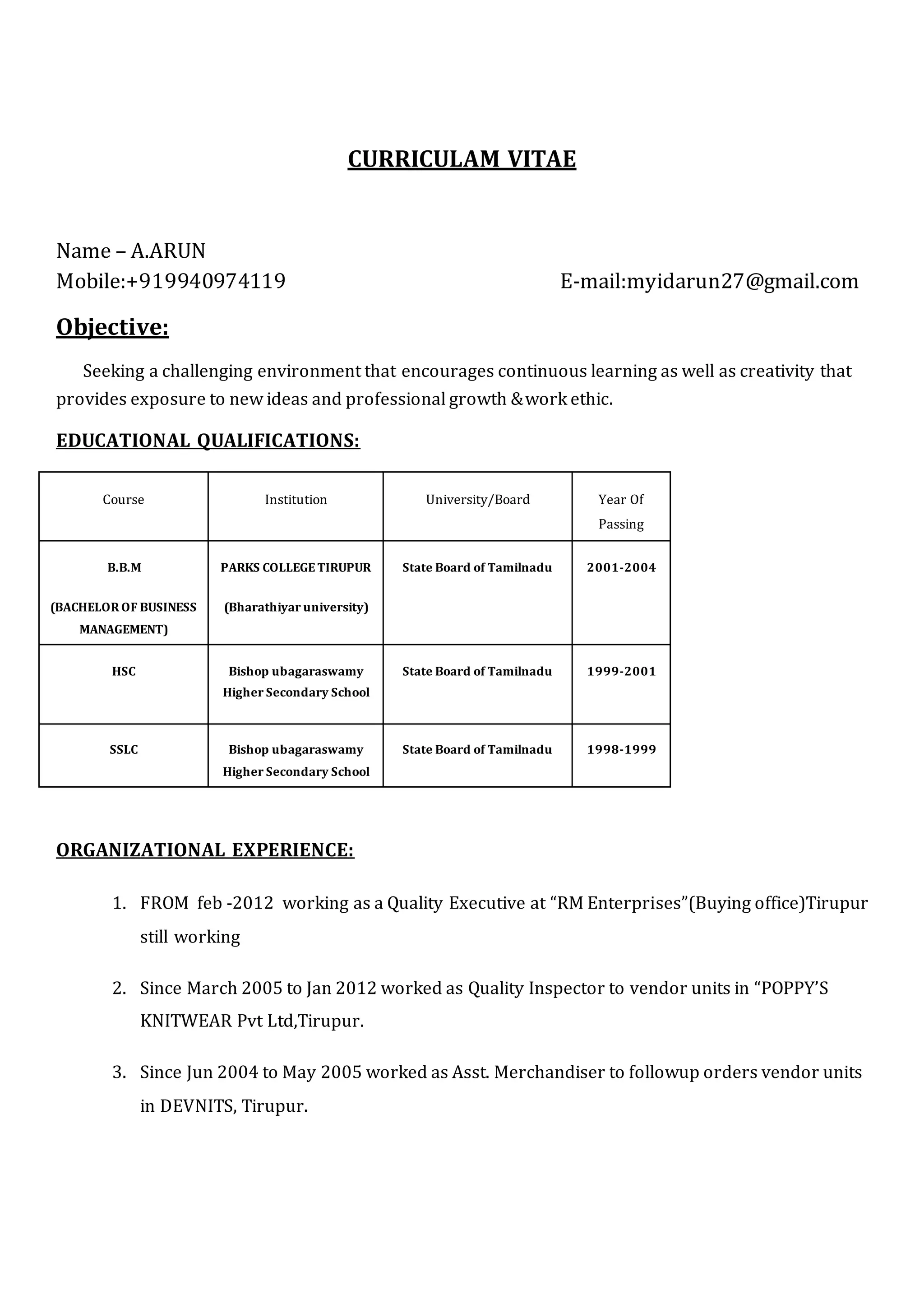 ARUN RESUME 2015 | DOCX