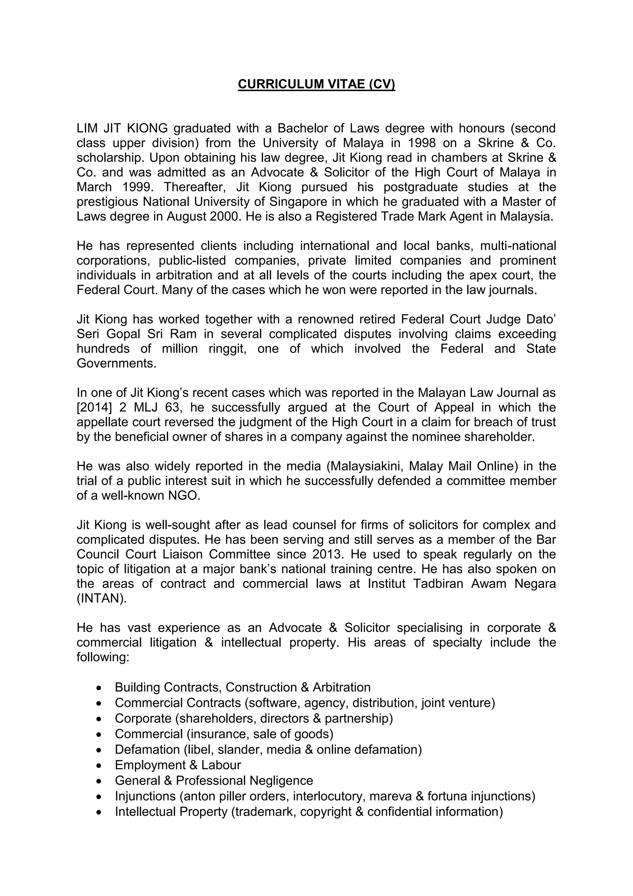Lim Jit Kiong's CV | PDF | Legal Services Industry | Industries
