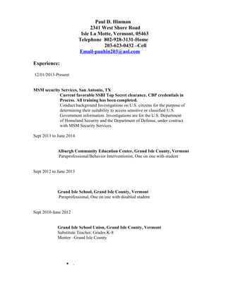 H831 Hinman CBP Resume resume | DOC
