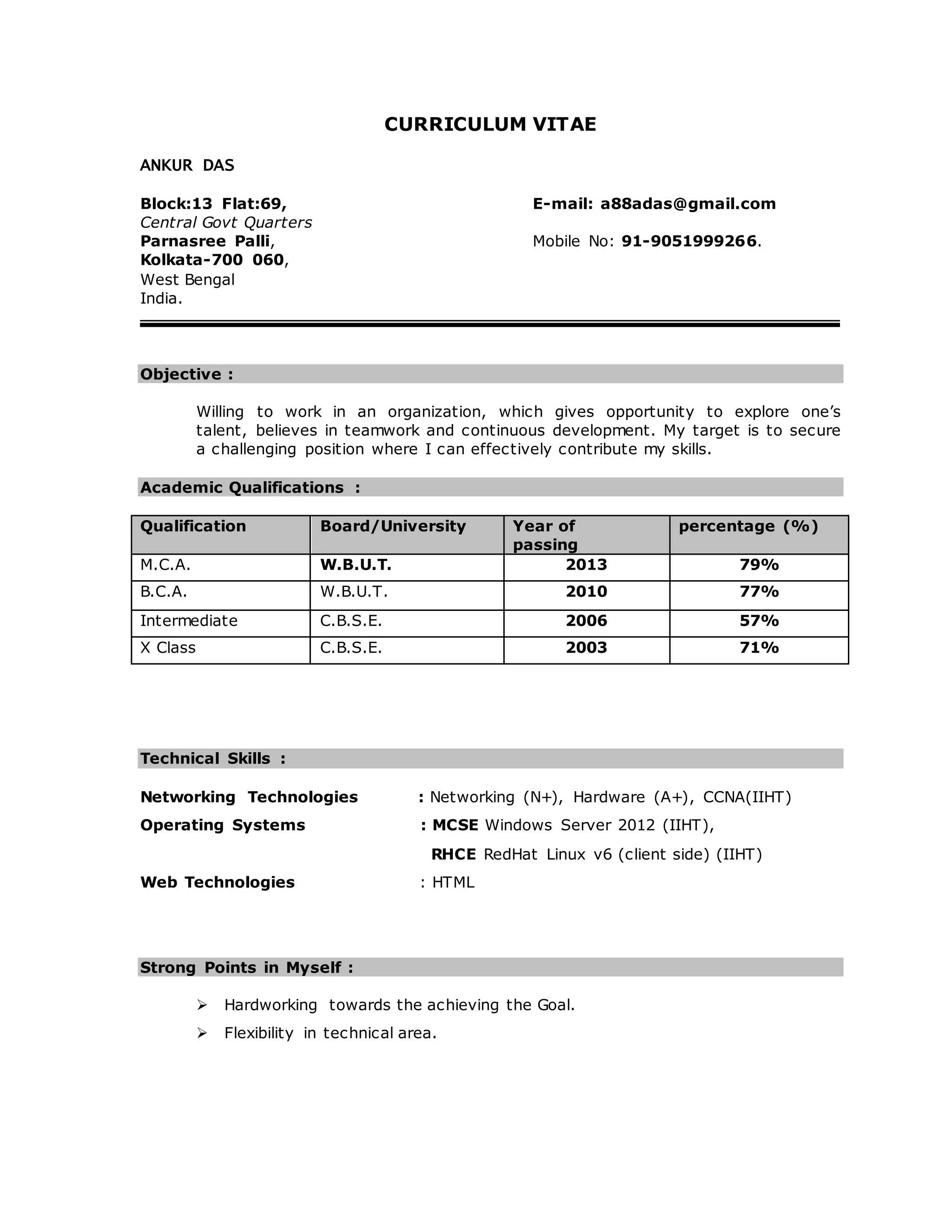 FresherAnkurDasCV_28Mar16 | DOCX | Computer Software and Applications | Computing