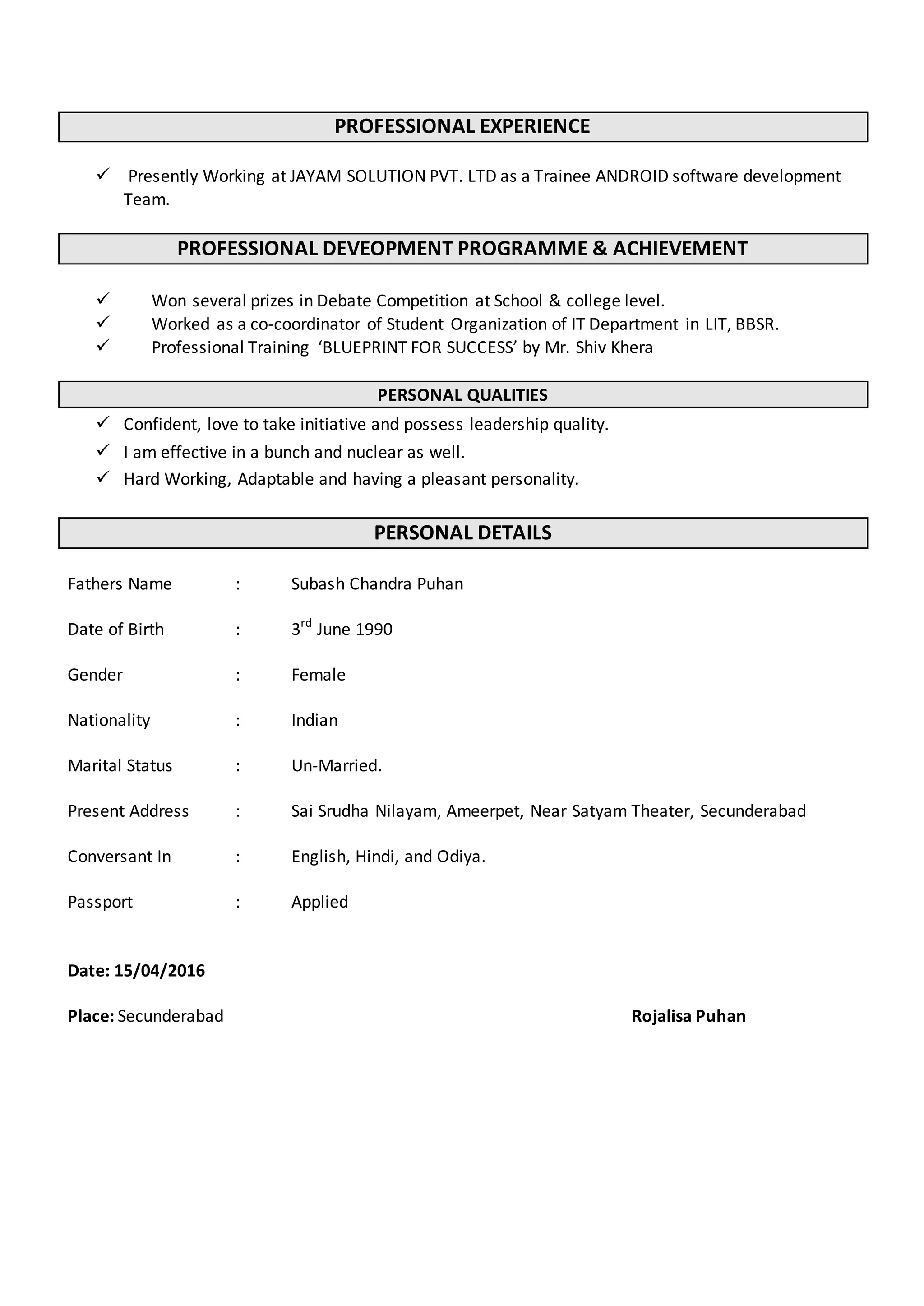 Rozalisha's _CVs Android 15th April 2016 | PDF