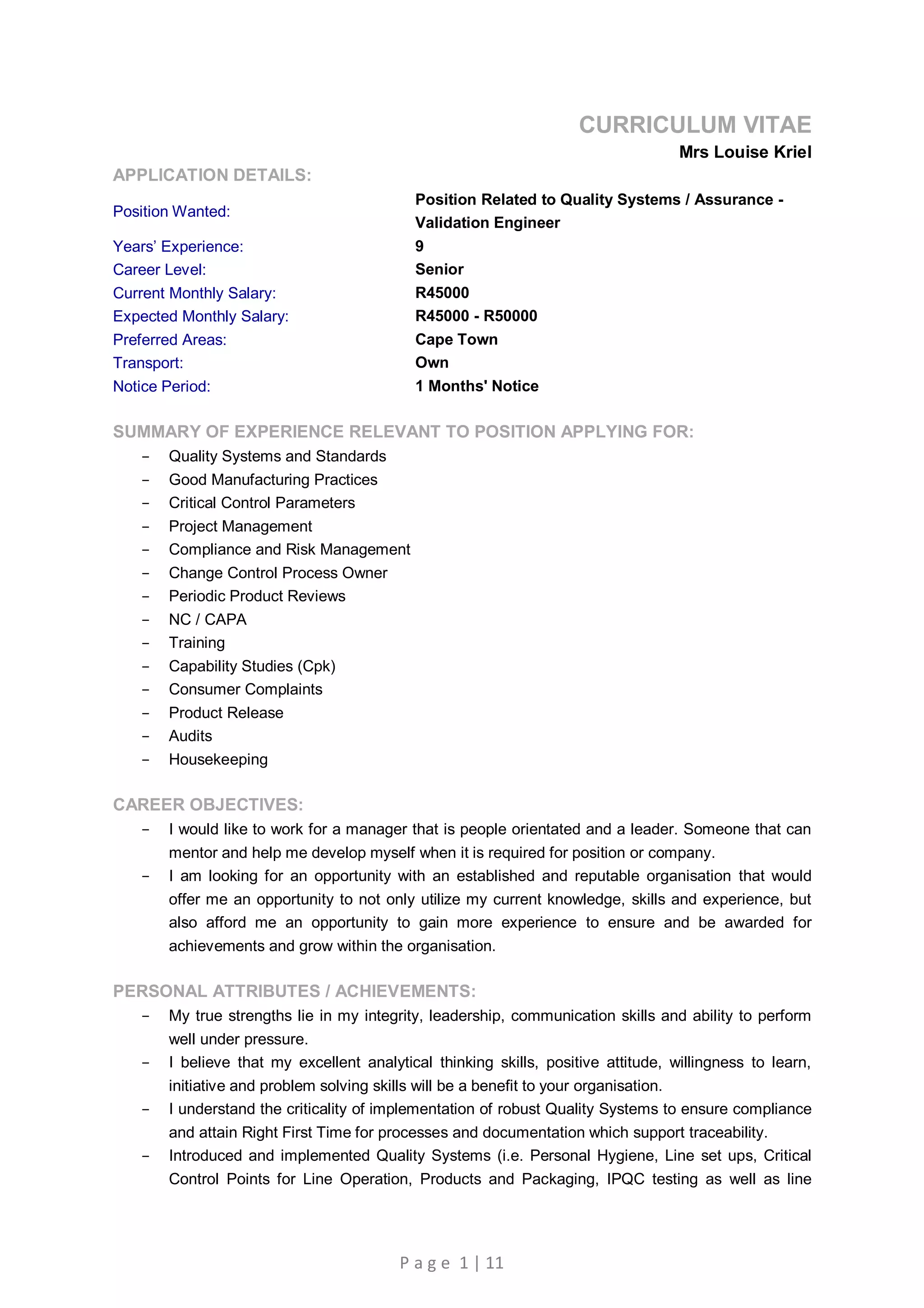 Curriculum Vitae - Anna-Louise Kriel | PDF