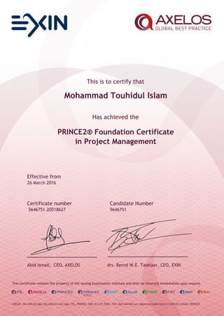AXELOS prince2 foundation certificate | PDF