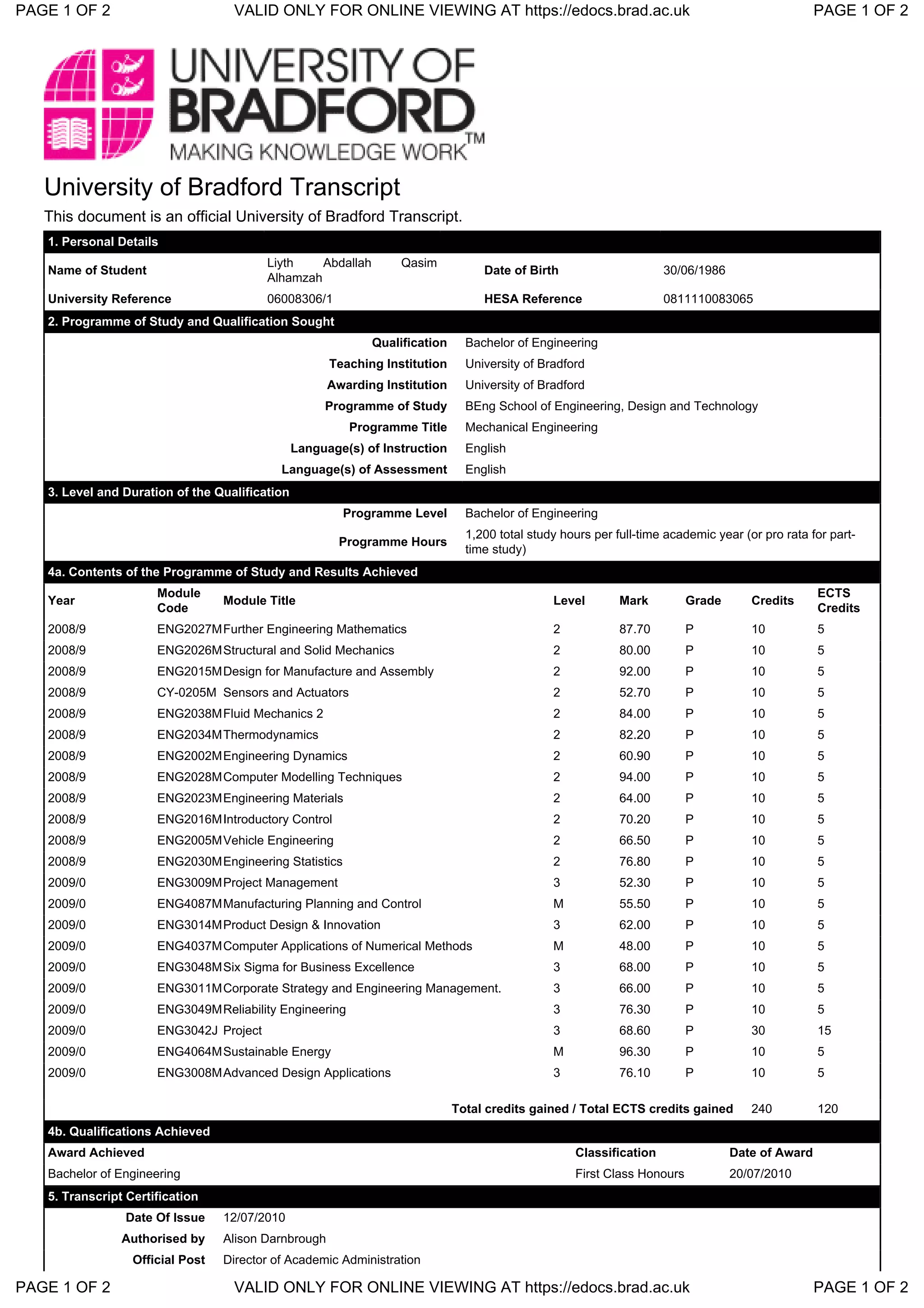 University of Bradford transcripts - LAITH ALHAMZAH year 2,3(1) | PDF ...