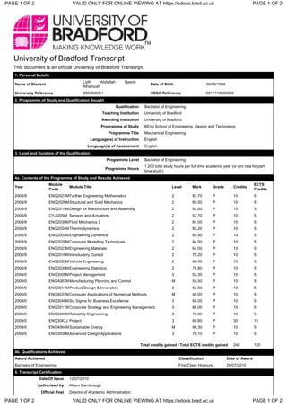 University of Bradford transcripts - LAITH ALHAMZAH year 2,3(1) | PDF ...