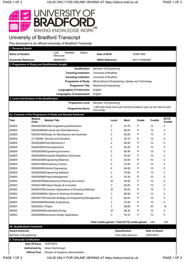 University of Bradford transcripts - LAITH ALHAMZAH year 2,3(1) | PDF ...