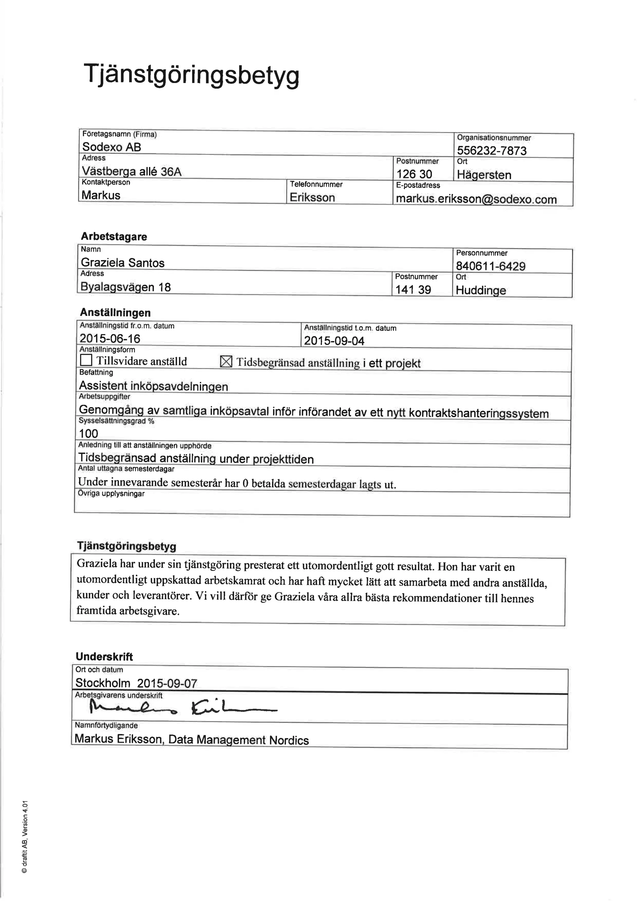 Sodexo - Tjänstgöringsbetyg | PDF