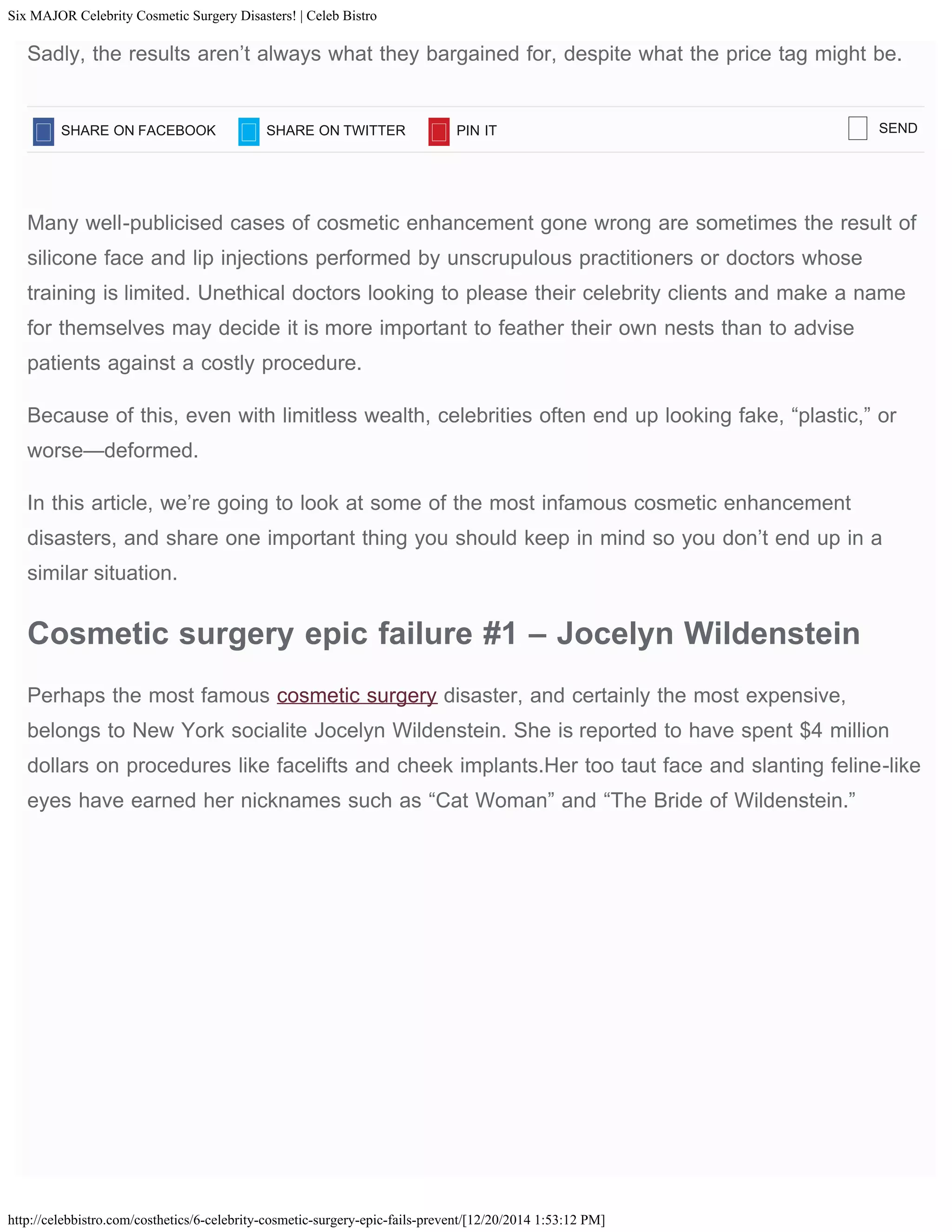 Six MAJOR Celebrity Cosmetic Surgery Disasters! _ Celeb Bistro | PDF
