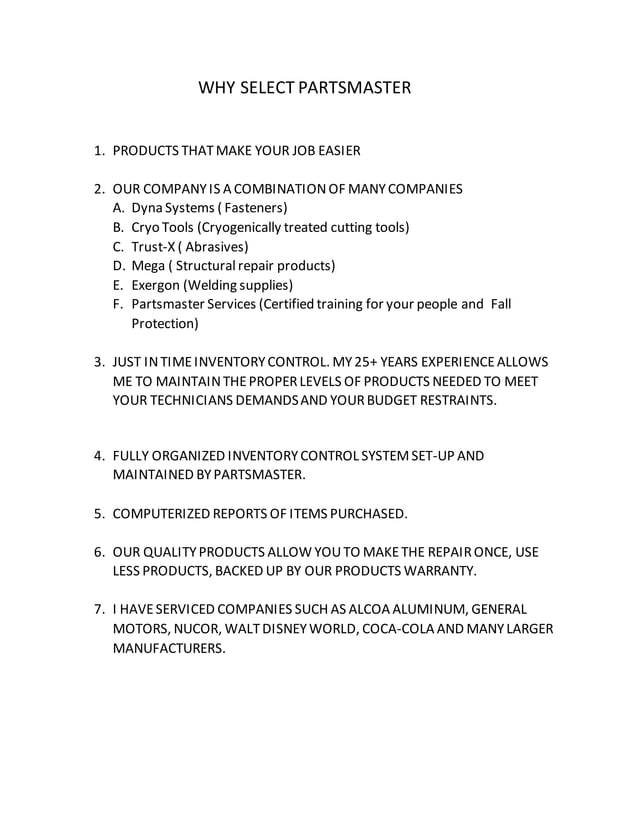 WHY SELECT PARTSMASTER | DOCX | Business | Business and Finance