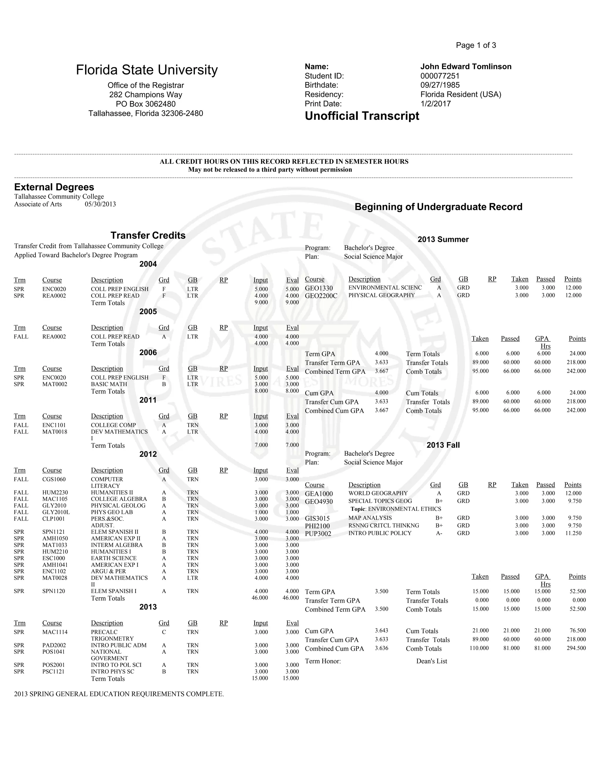 FSU_UnofficialTranscript_John | PDF