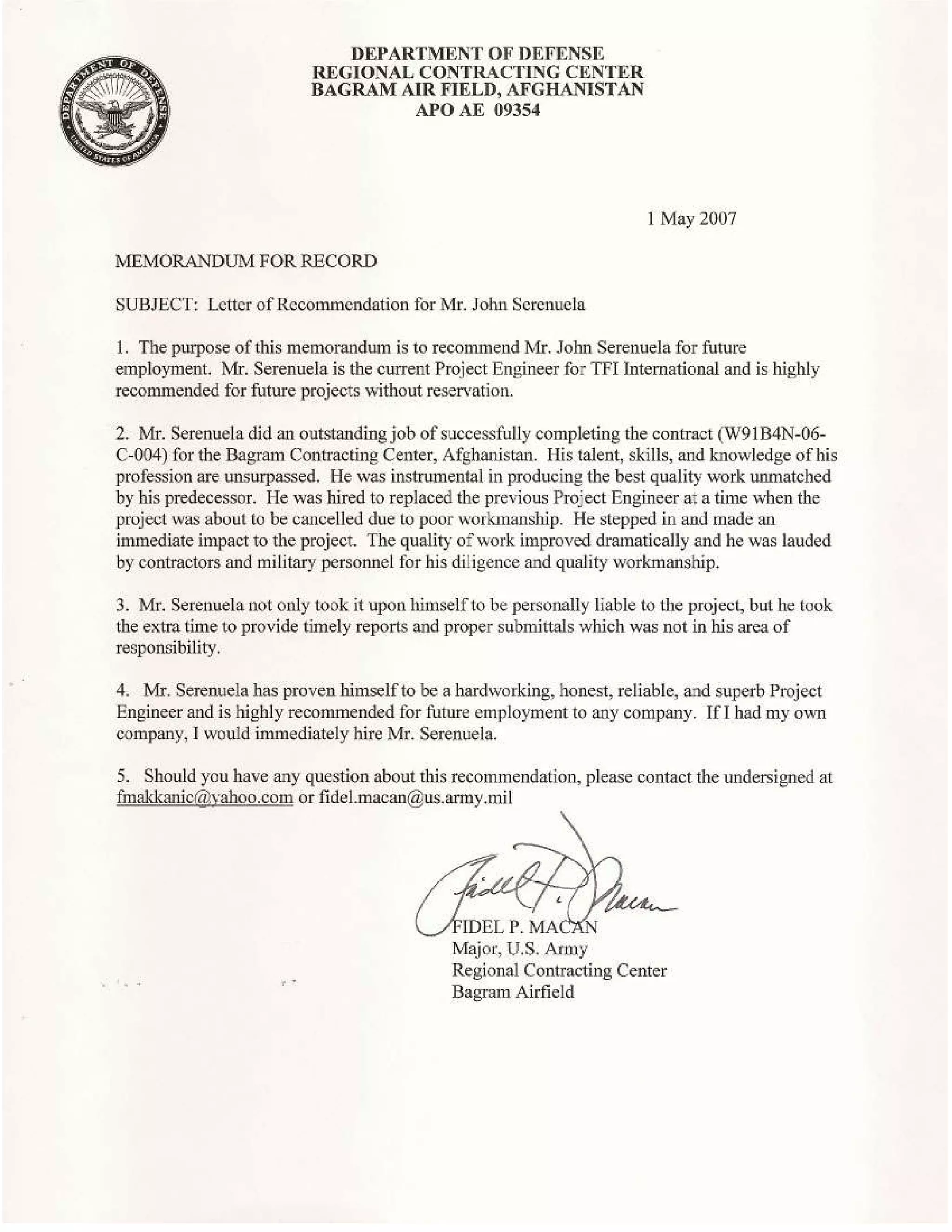 Recommendation Memo from US ARMY-1 | PDF