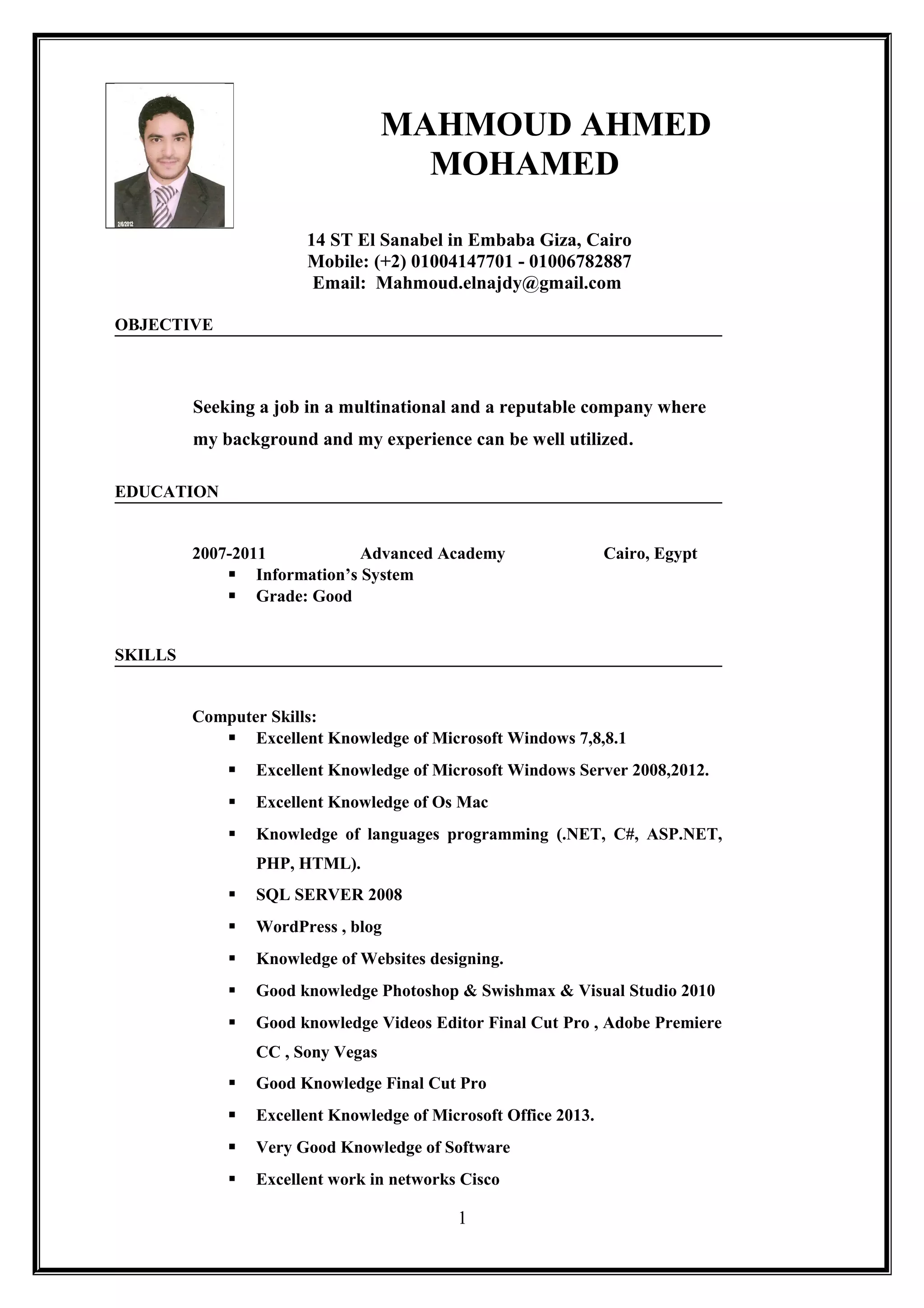 CV Mahmoud Ahmed Final prog | DOC | Computing | Technology & Computing
